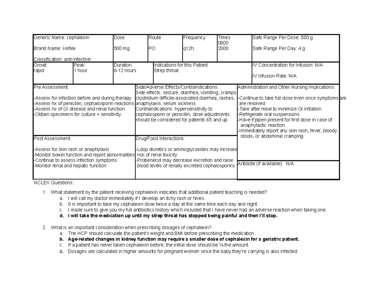 Cephalexin med card - Generic Name: cephalexin Brand Name: Keflex ...