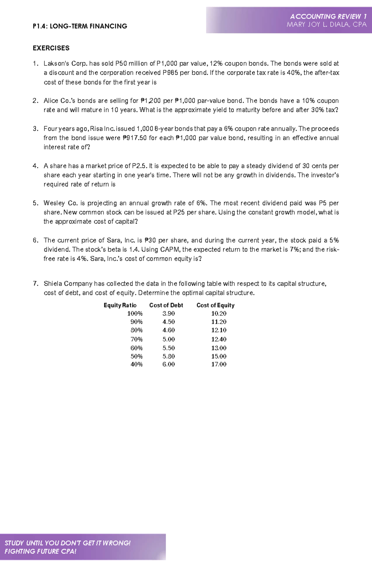 P1 - Test Questions - P1: LONG-TERM FINANCING ACCOUNTING REVIEW 1 MARY ...