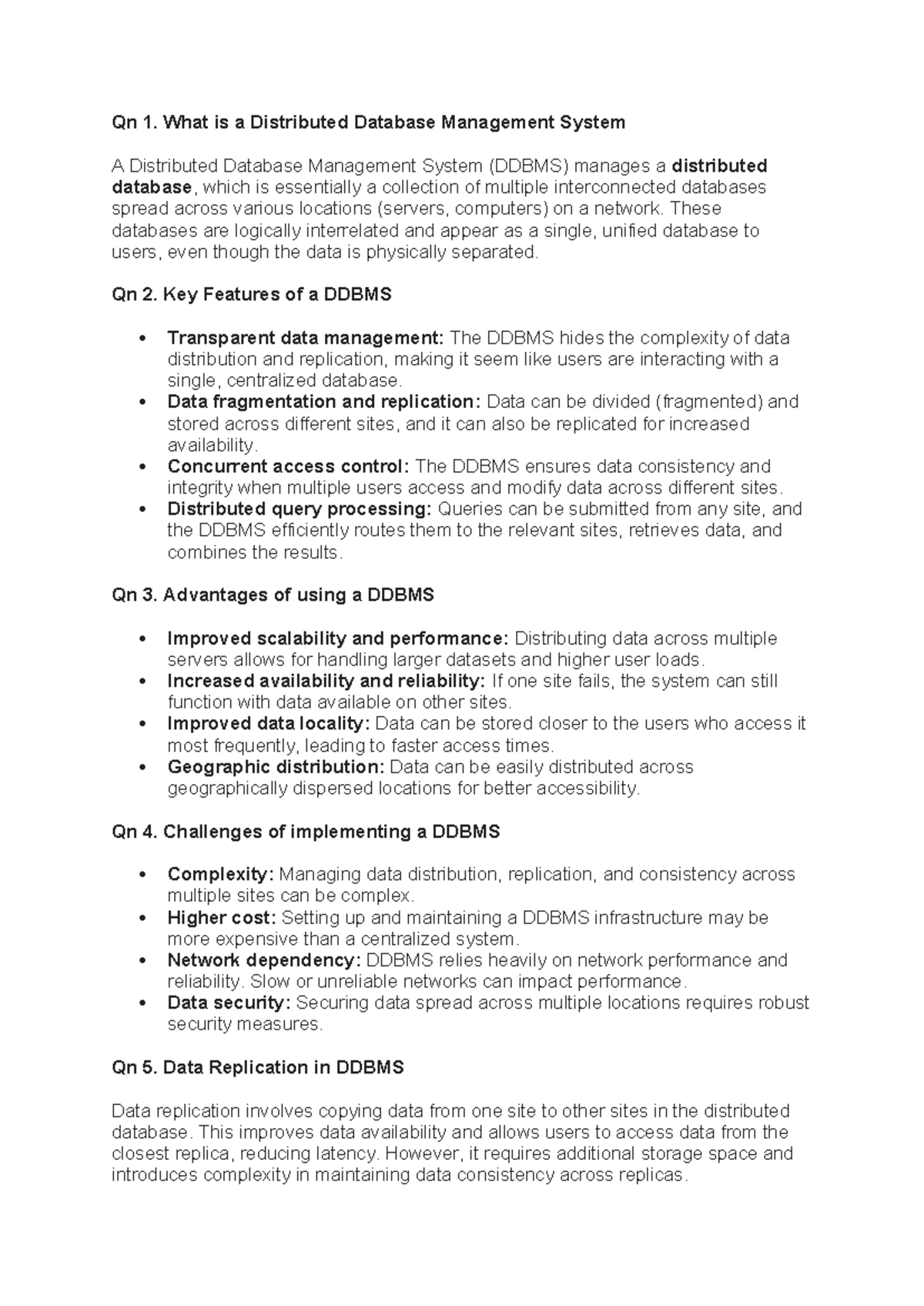 Qn 1 - Revision questions for Advanced Databases - Qn 1. What is a Distributed Database ...