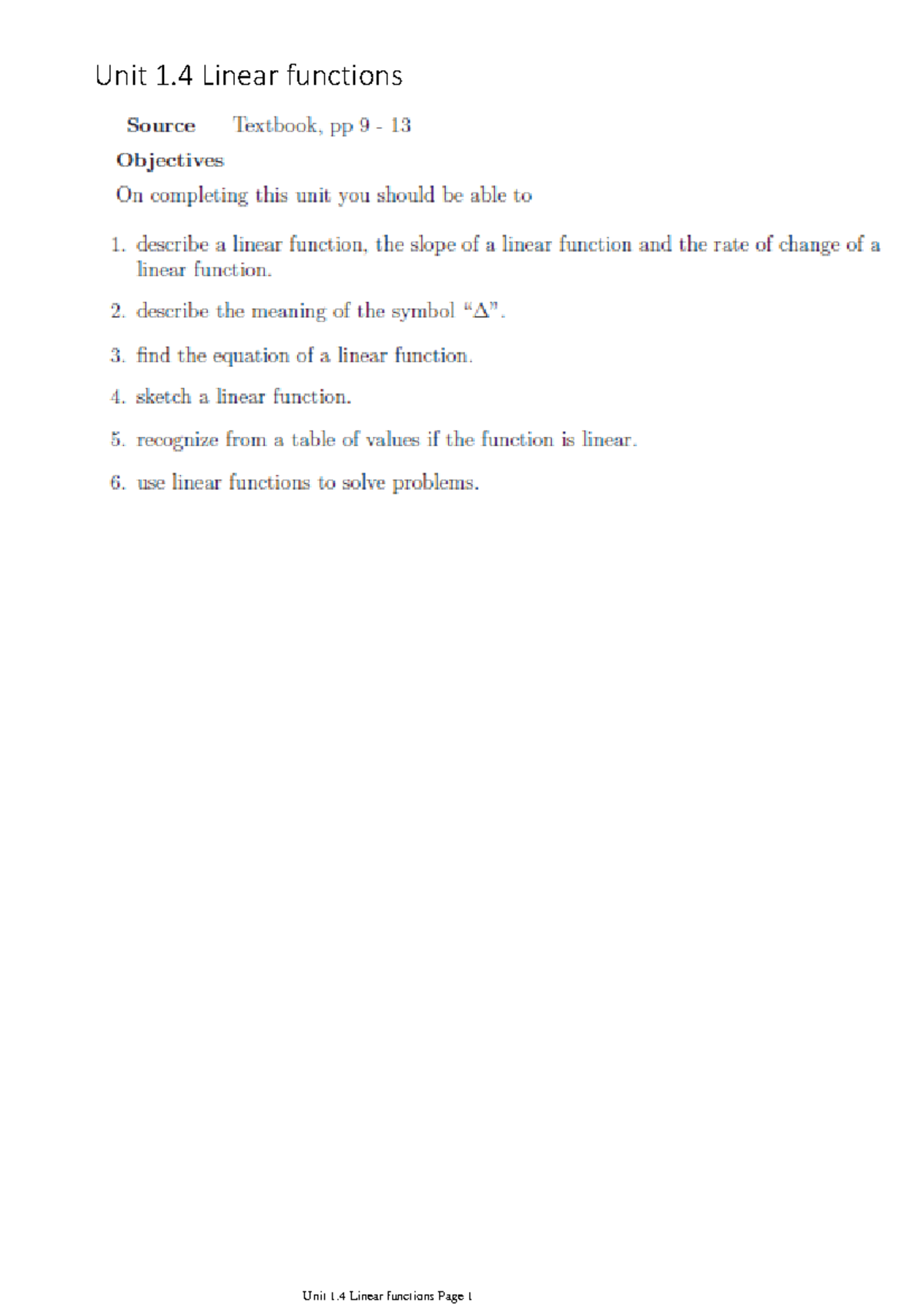 Unit 1.4 Linear functions - WTW 134 - Unit 1 Linear functions Linear ...