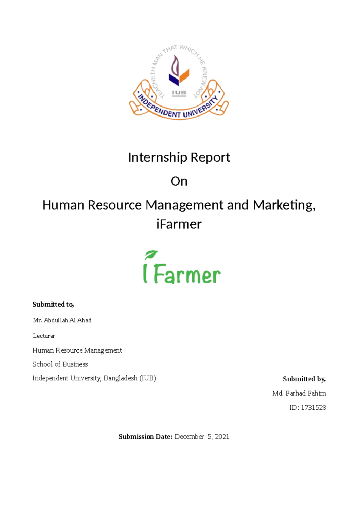 1731528 Internship Report - Internship Report On Human Resource ...