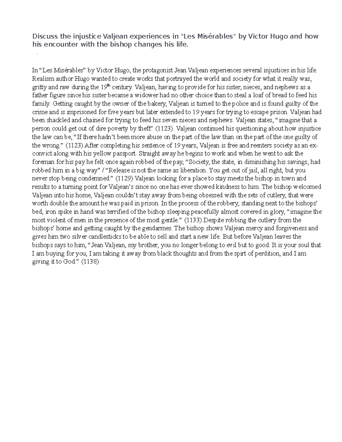 Les Miserables RR - Reading Response - Discuss the injustice Valjean ...