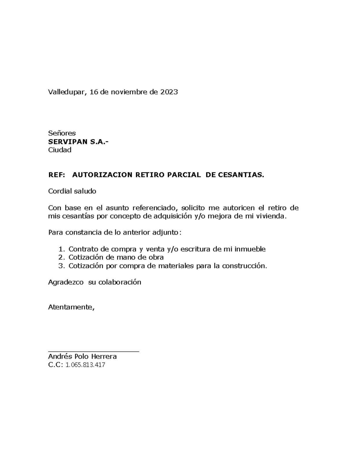 Documento polo - dfgbn - Valledupar, 16 de noviembre de 2023 Señores ...