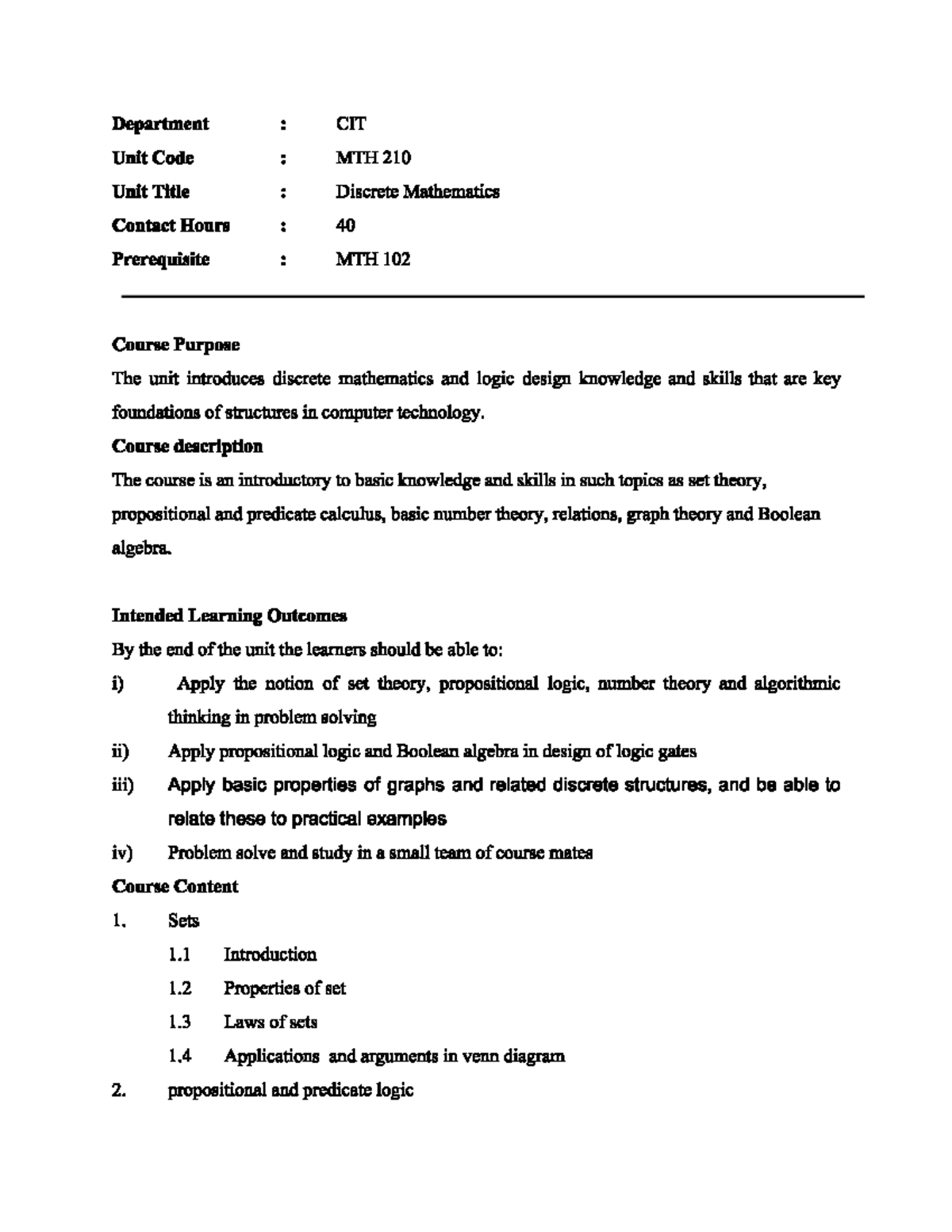 MTH 210 Discrete Mathematics course - Computer science engineering - Studocu