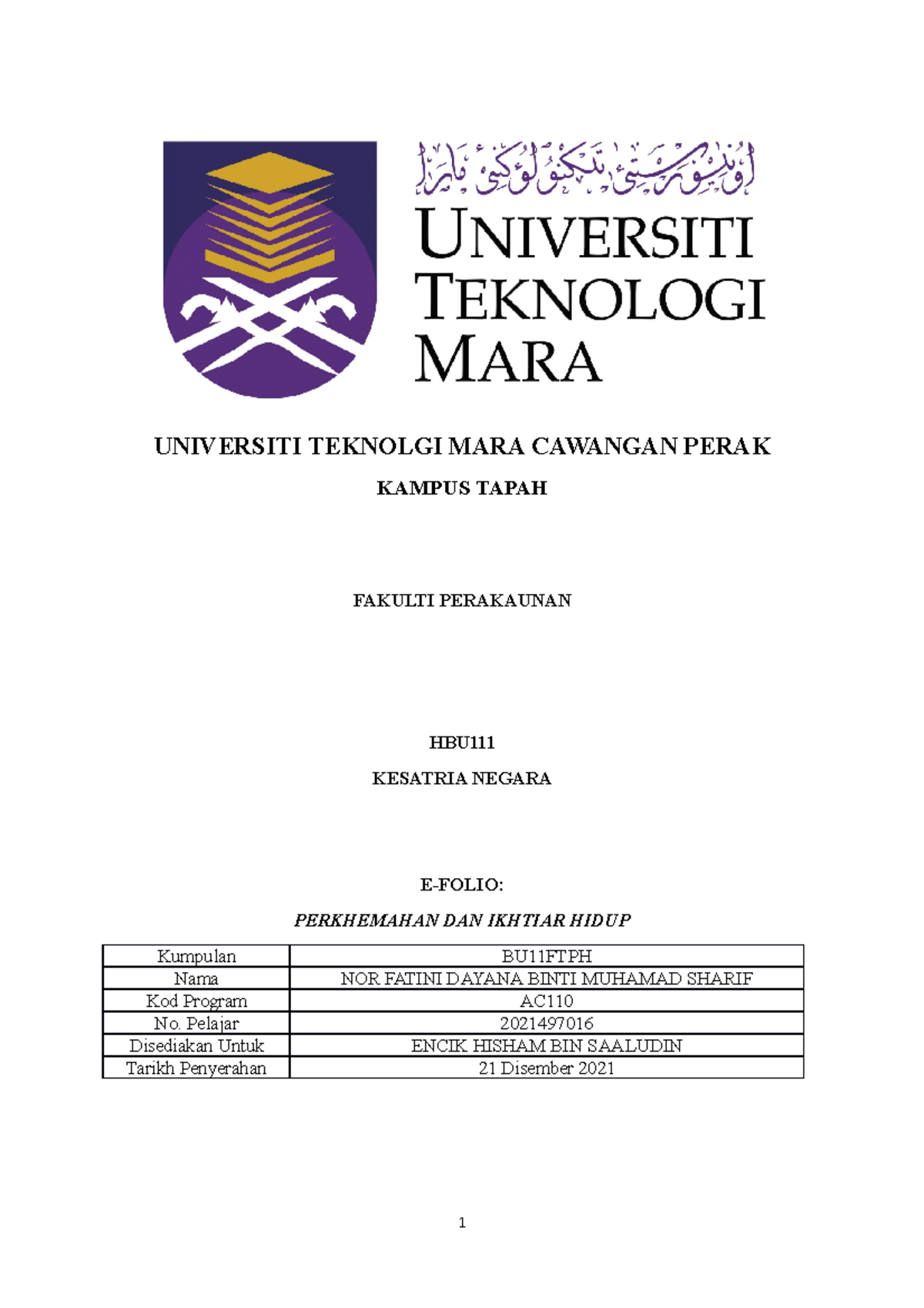 Perkhemahan dan Ikhtiar Hidup (Assignment HBU111) UITM - UNIVERSITI ...