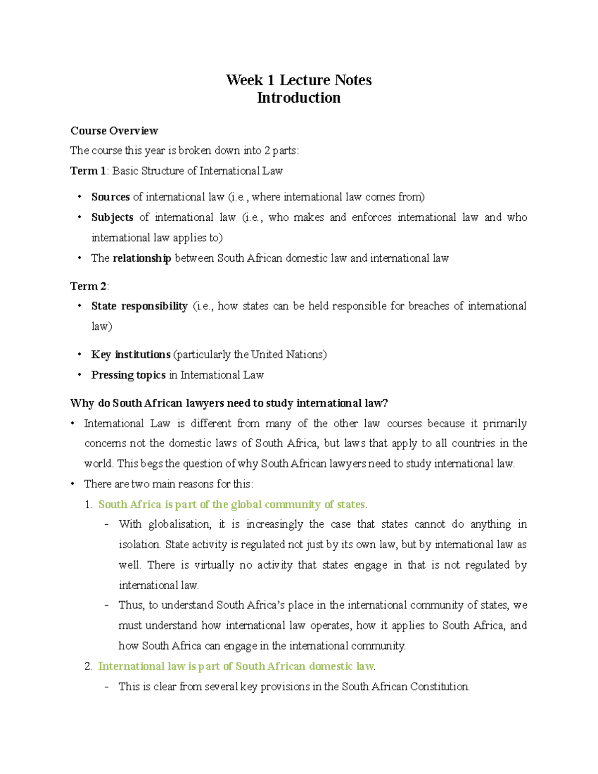 Lecture 1 Notes - Introduction to International Law Prof - Hannah ...