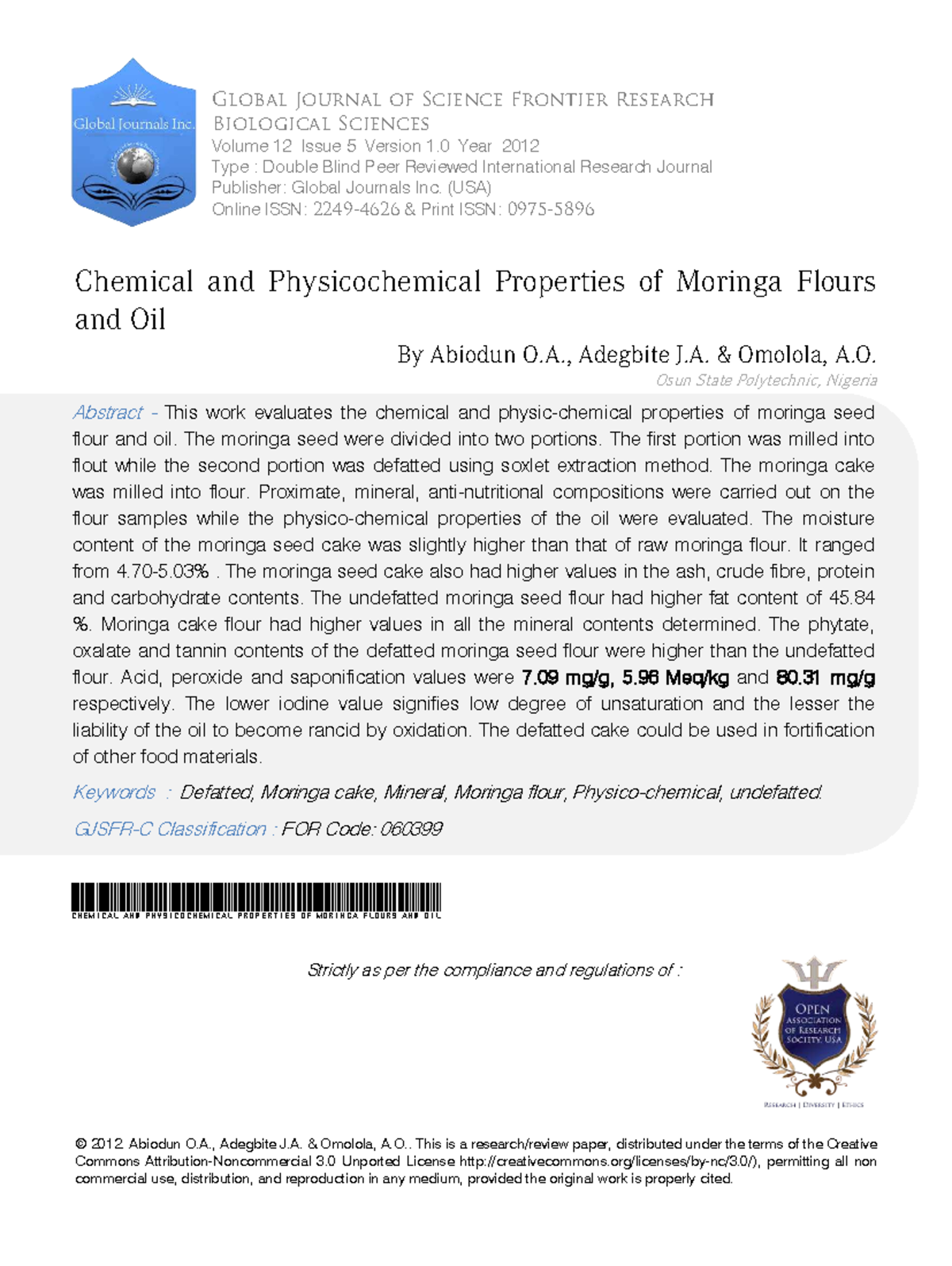 Potetis of mioringa - © 2012. Abiodun O., Adegbite J. & Omolola, A ...