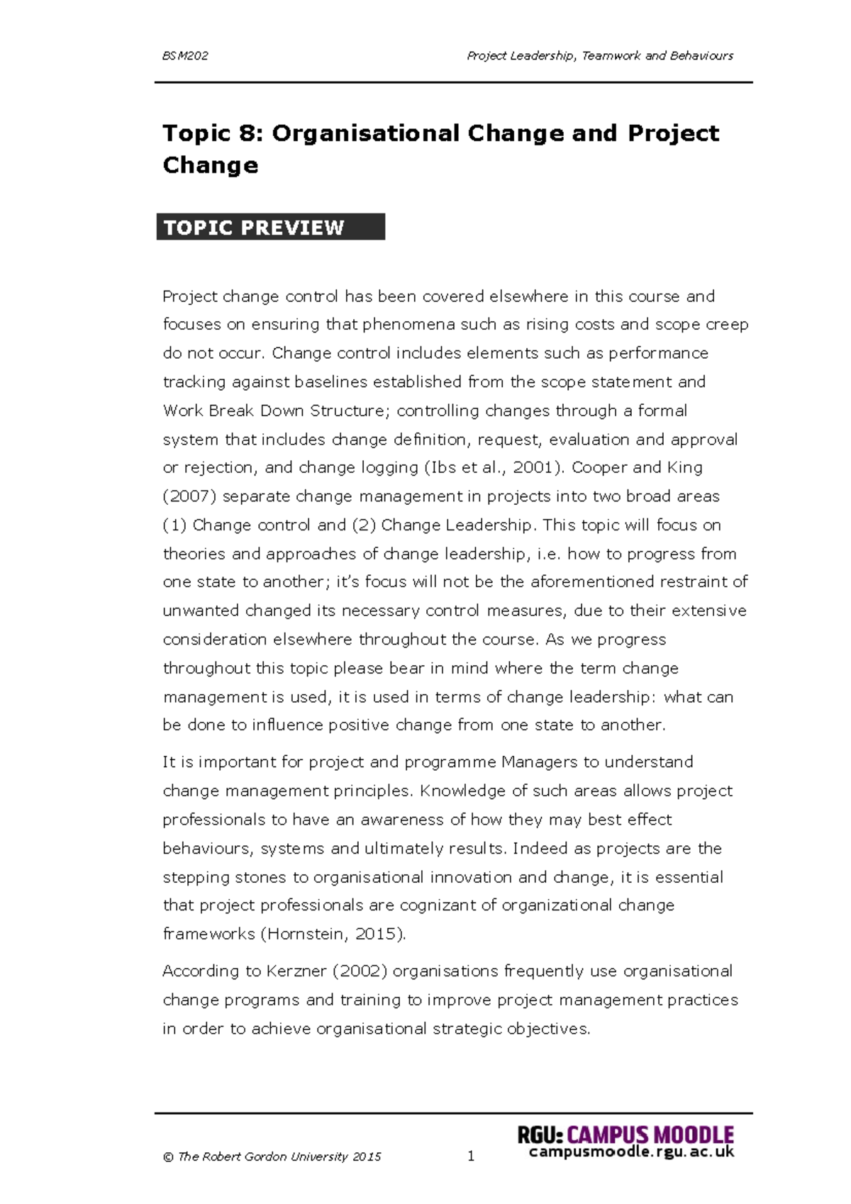 BSM 202 WEEK 8 - BSM - Topic 8: Organisational Change and Project ...
