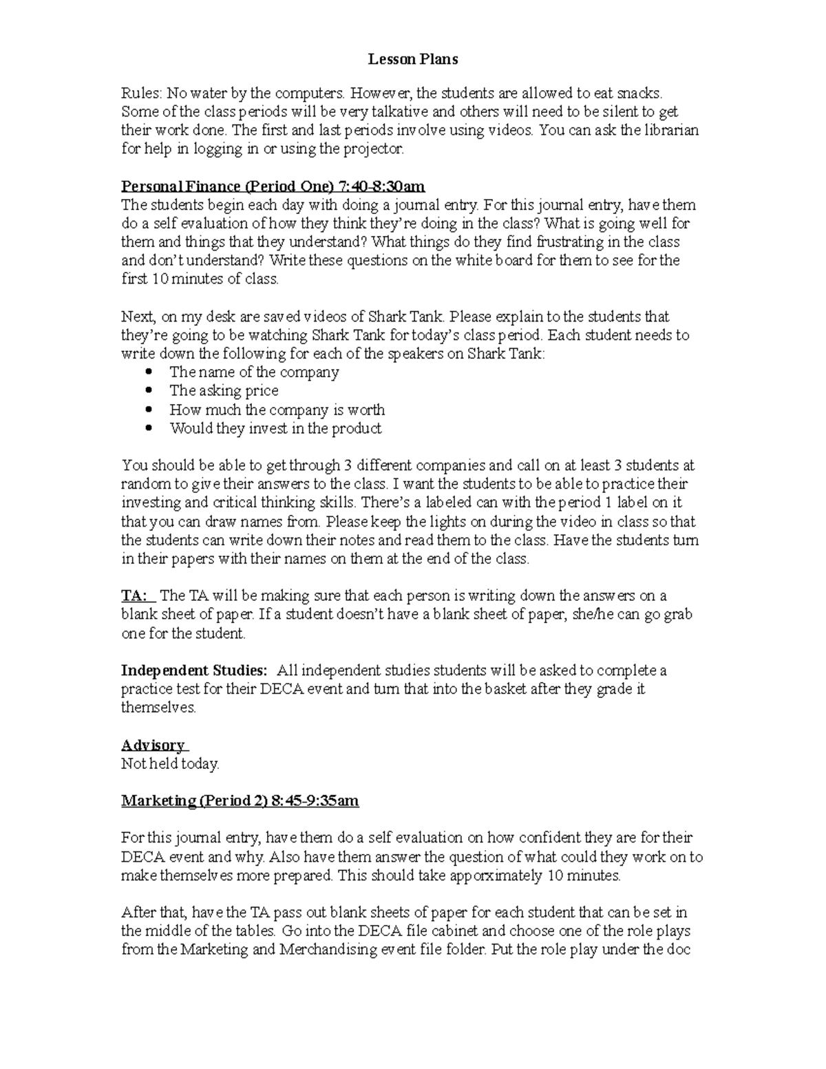 Sub Lesson Plans - Lesson Plans Rules: No water by the computers ...