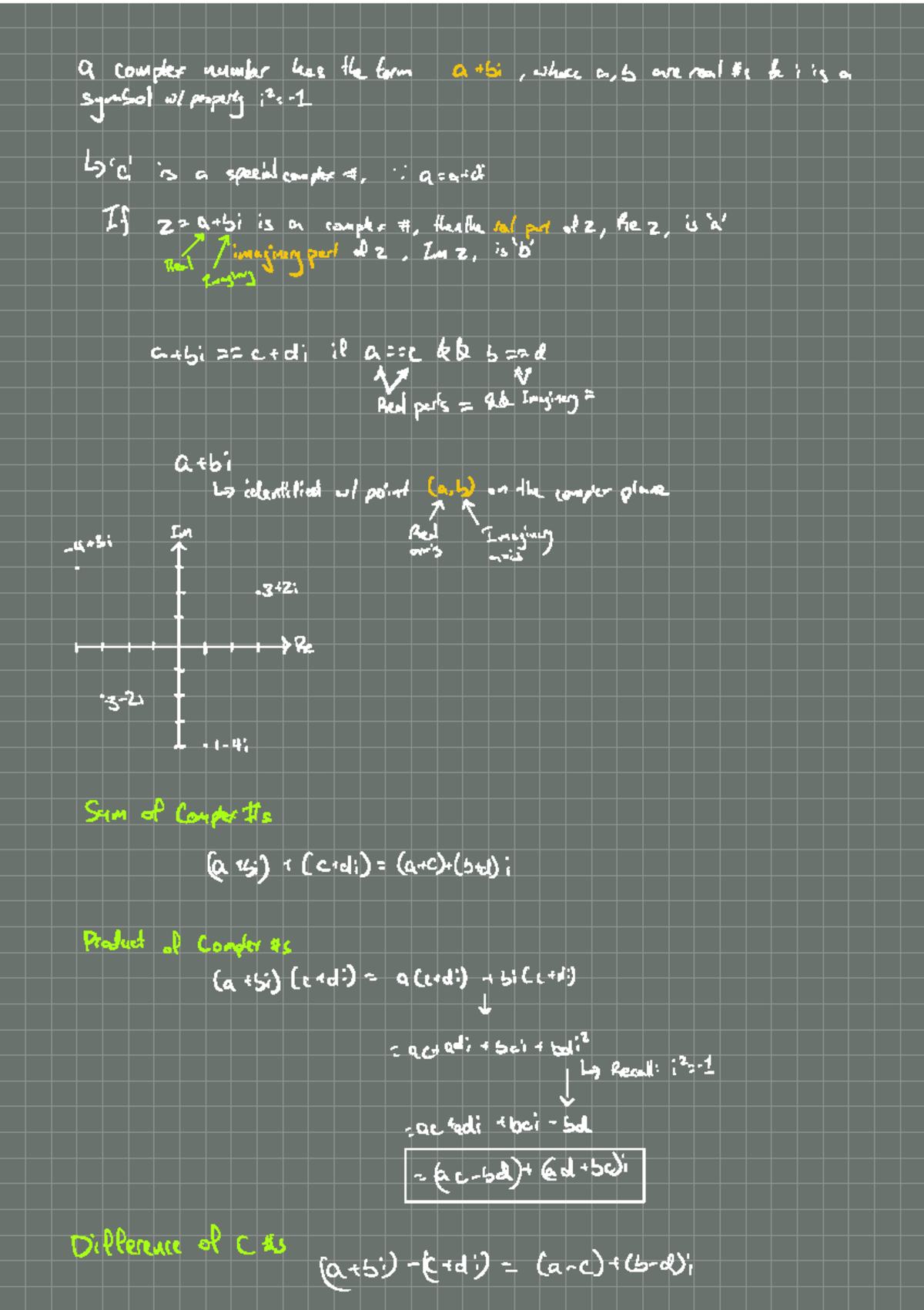 Complex Numbers - handwritten notes - A complex number hes theform a bi ...