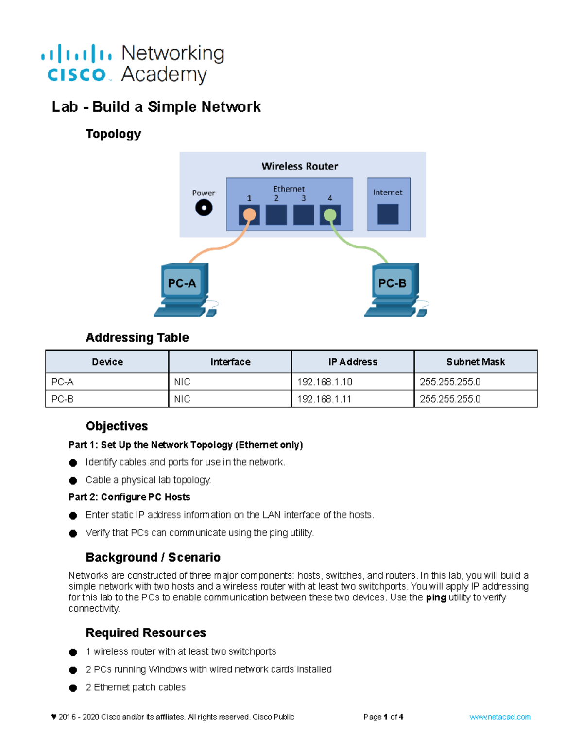4.5.7 Lab - Build a Simple Network - Topology Addressing Table Device Interface IP Address ...