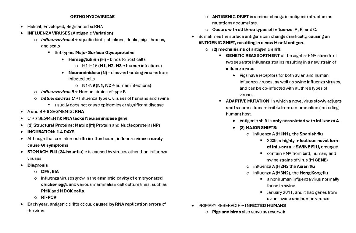 Orthomyxoviridae - Lecture Notes - ORTHOMYXOVIRIDAE Helical, Enveloped ...