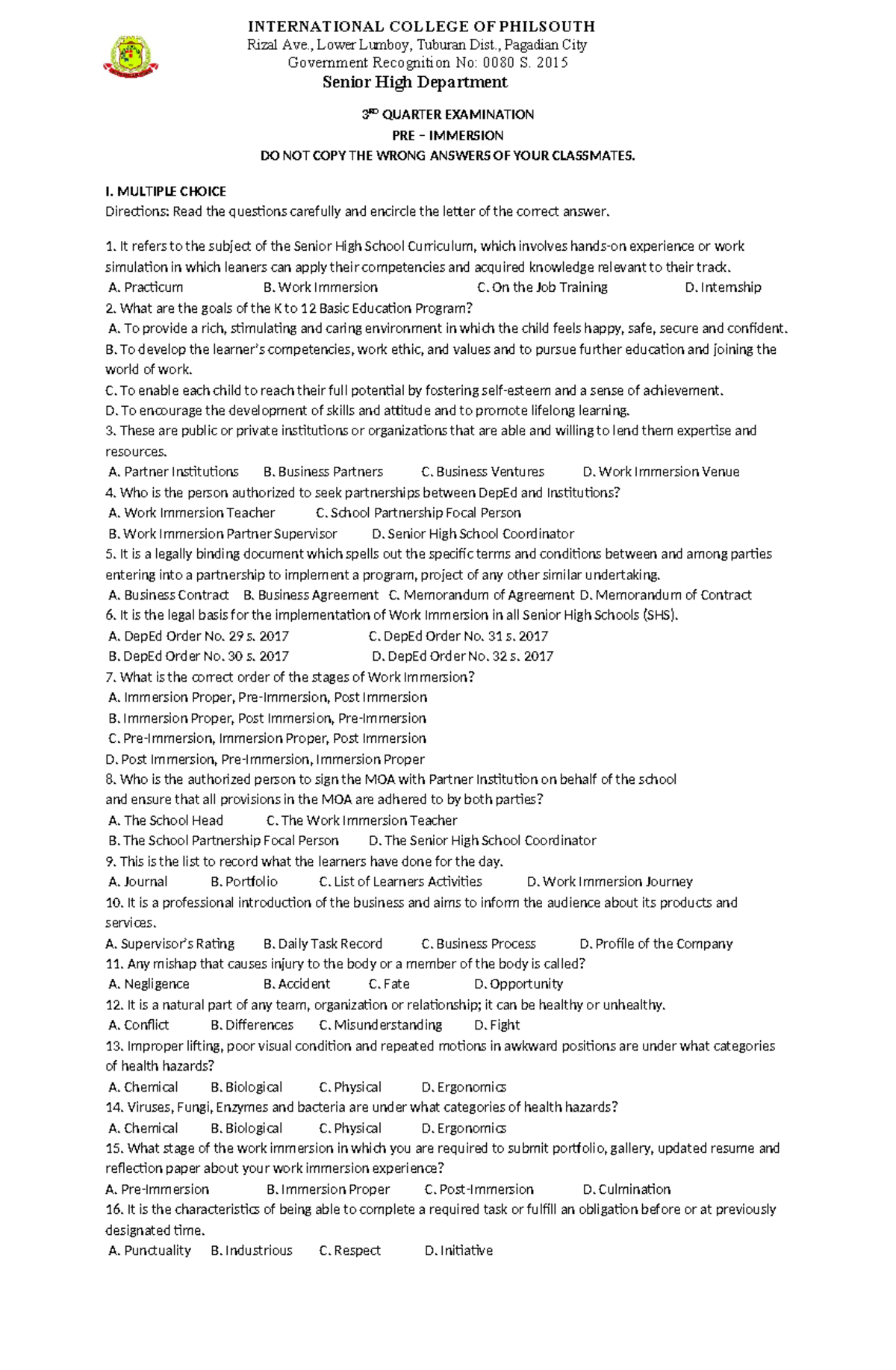 3RD Quarter Examination work immersion - 3 RD QUARTER EXAMINATION PRE ...