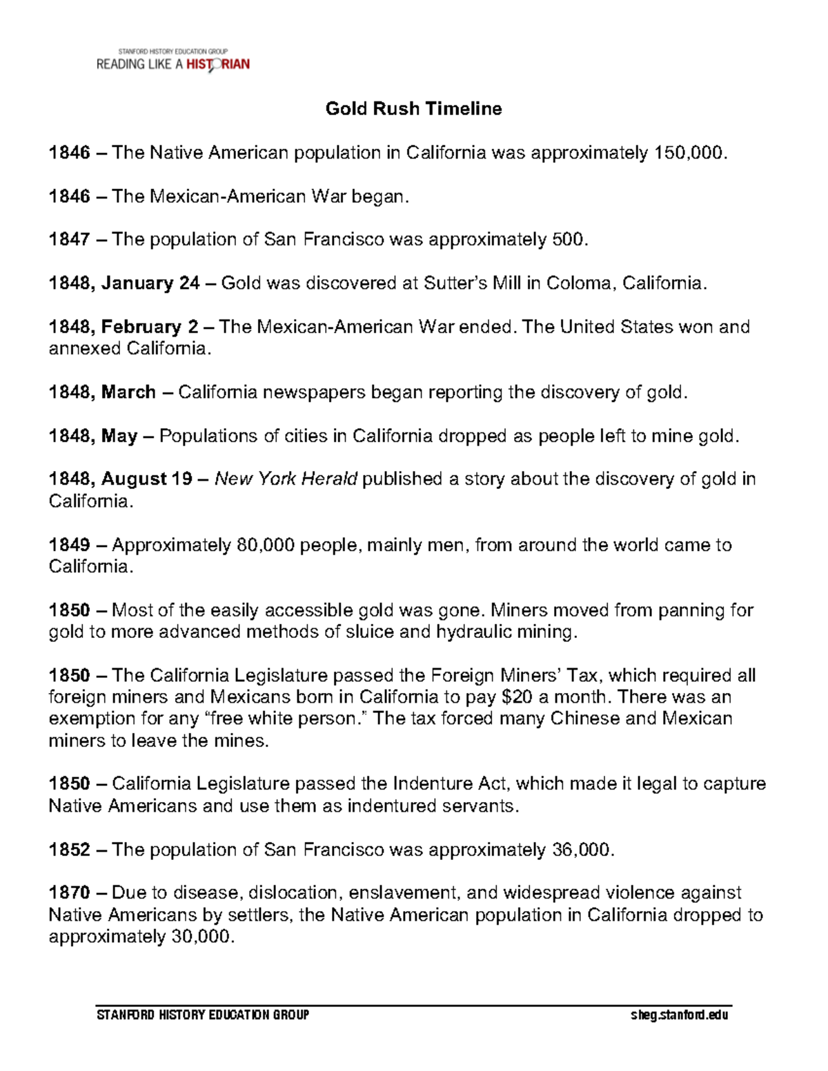Gold Rush and SF Readings CP - Gold Rush Timeline 1846 – The Native ...