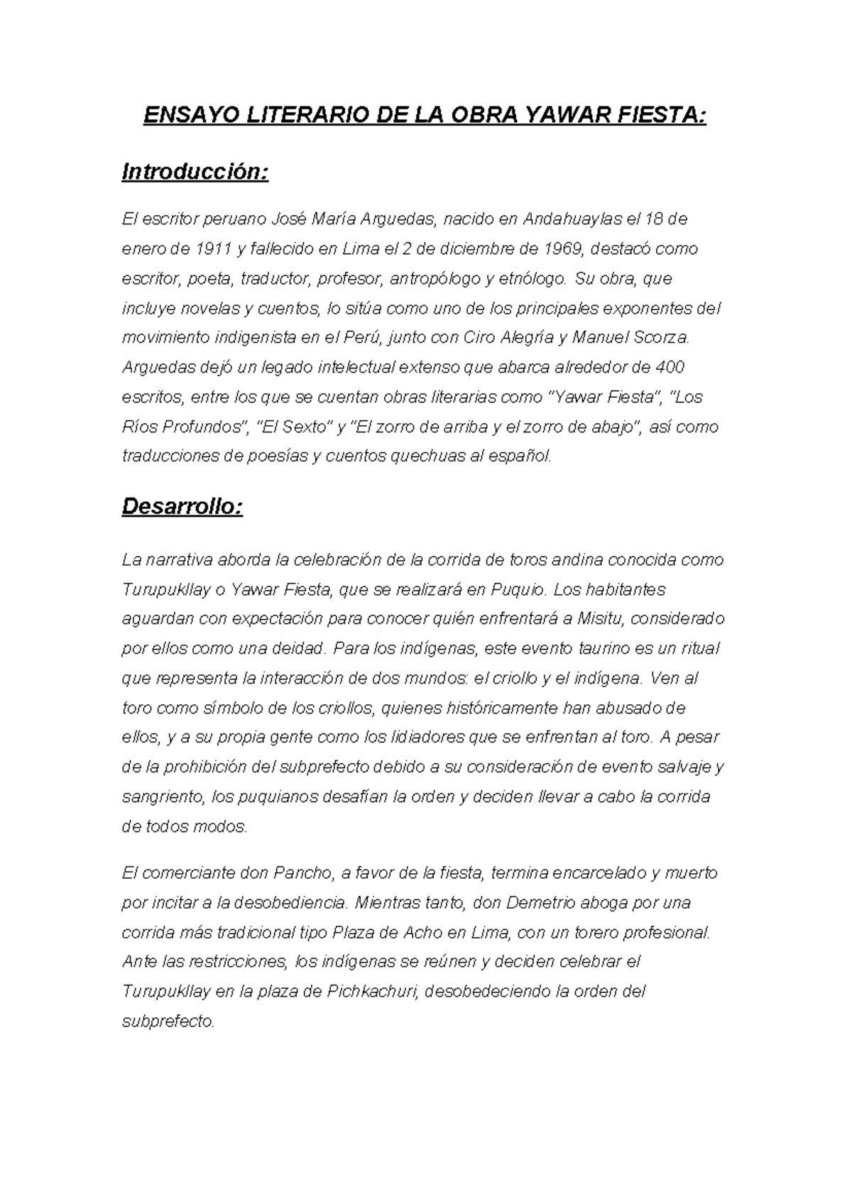Ensayo Literario DE LA OBRA Yawar Fiesta - ENSAYO LITERARIO DE LA OBRA YAWAR FIESTA ...