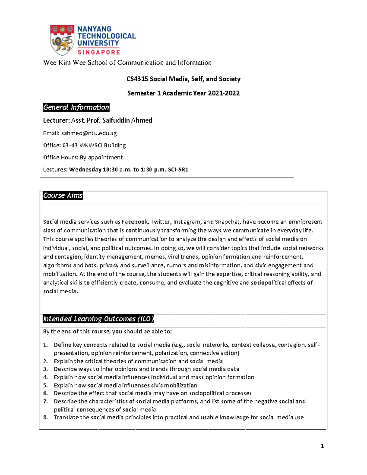 CS4315 Social Media Self and Society Syllabus - CS4315 Social Media, Self, and Society Semester ...