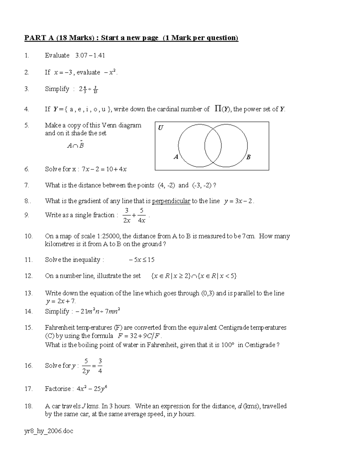 Yr8 hy 2006 - math aid - A B U PART A (18 Marks) : Start a new page (1 ...