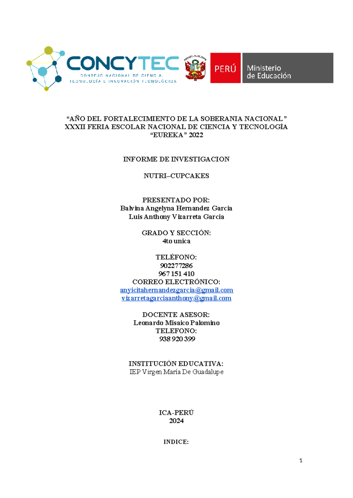 Informe Indagacion Cientifica- Eureka - “AÑO DEL FORTALECIMIENTO DE LA ...