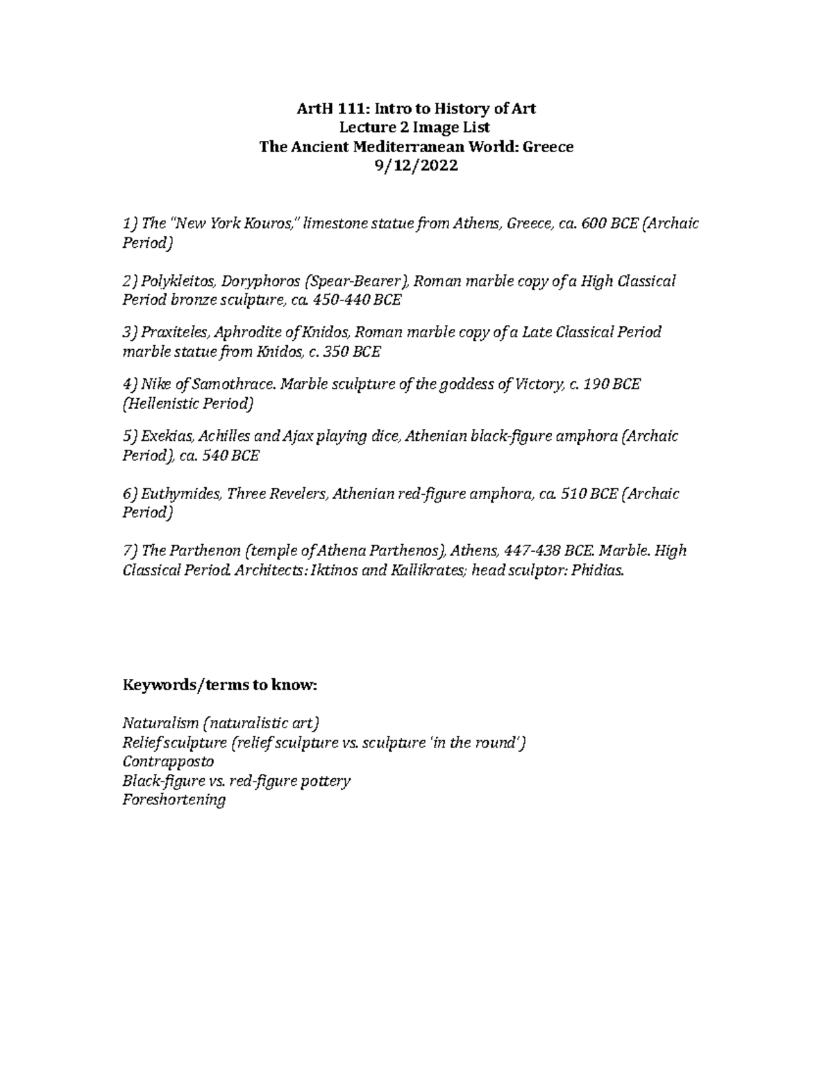 Lecture 2 image list 2022 - ArtH 111: Intro to History of Art Lecture 2 ...