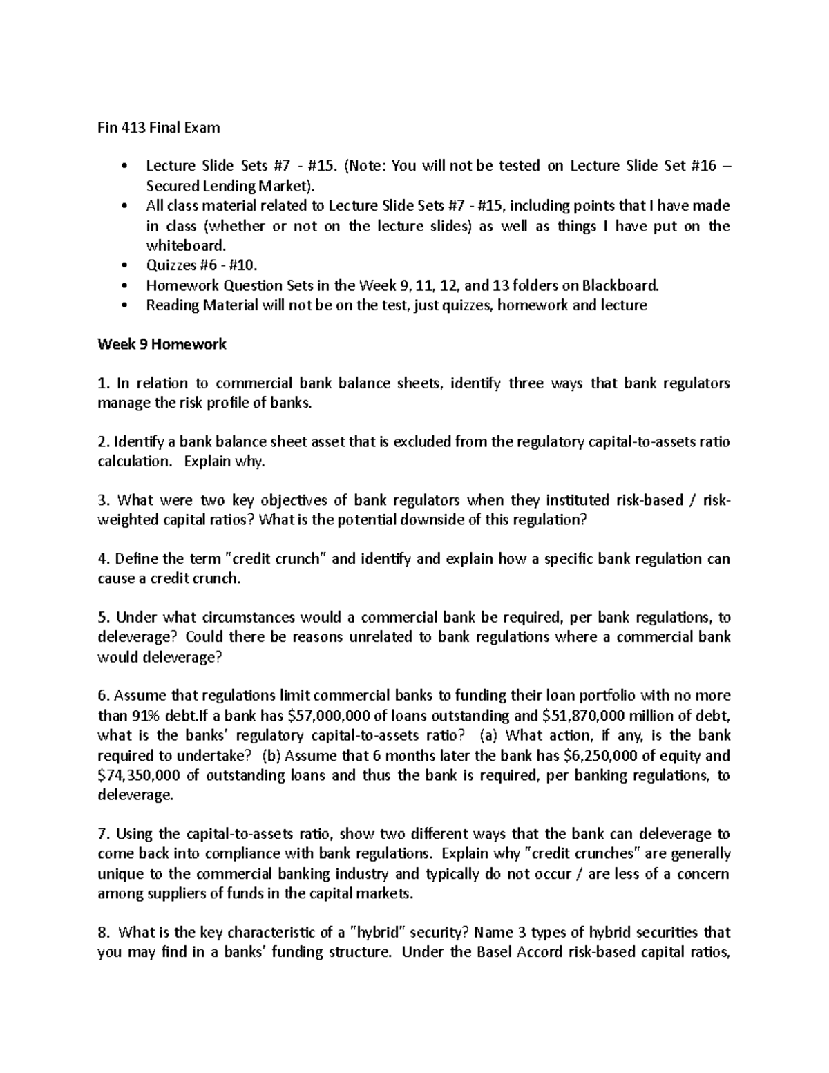 Fin 413 Final Exam - Fin 413 Final Exam Lecture Slide Sets #7 - #15 ...