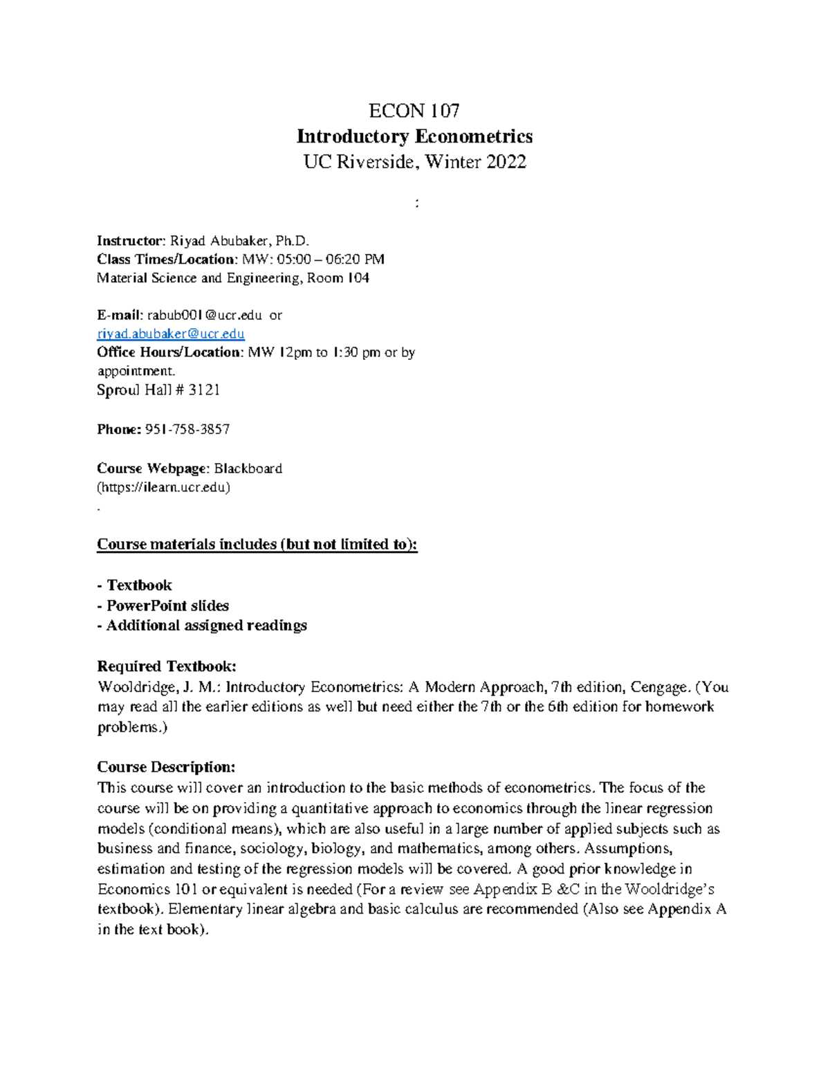 Econ 107 Winter 22 - ... - ECON 1 07 Introductory Econometrics UC ...