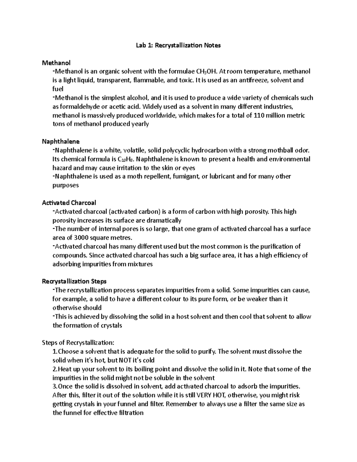 CHEM LAB 1 Theory - lecture notes - Lab 1: Recrystallizaon Notes ...