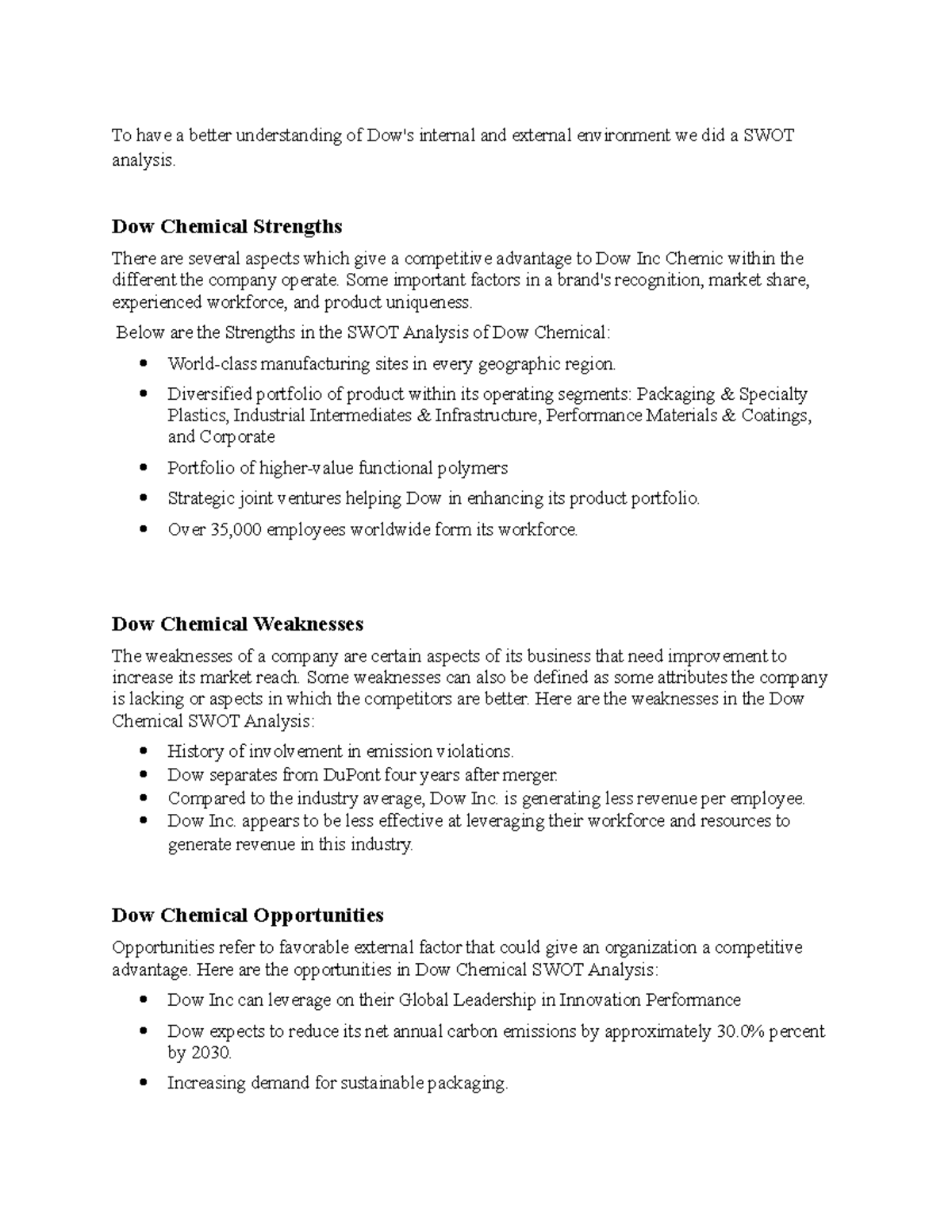 Dow Swot Analysis - CSR Project report - SCM 455 - ASU - Studocu