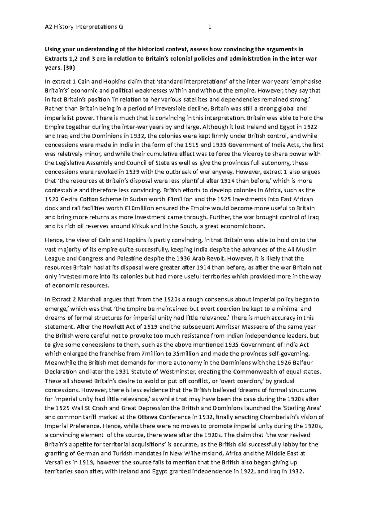 Extracts Colonial Policy model answer - A2 History Interpretations Q 1 ...