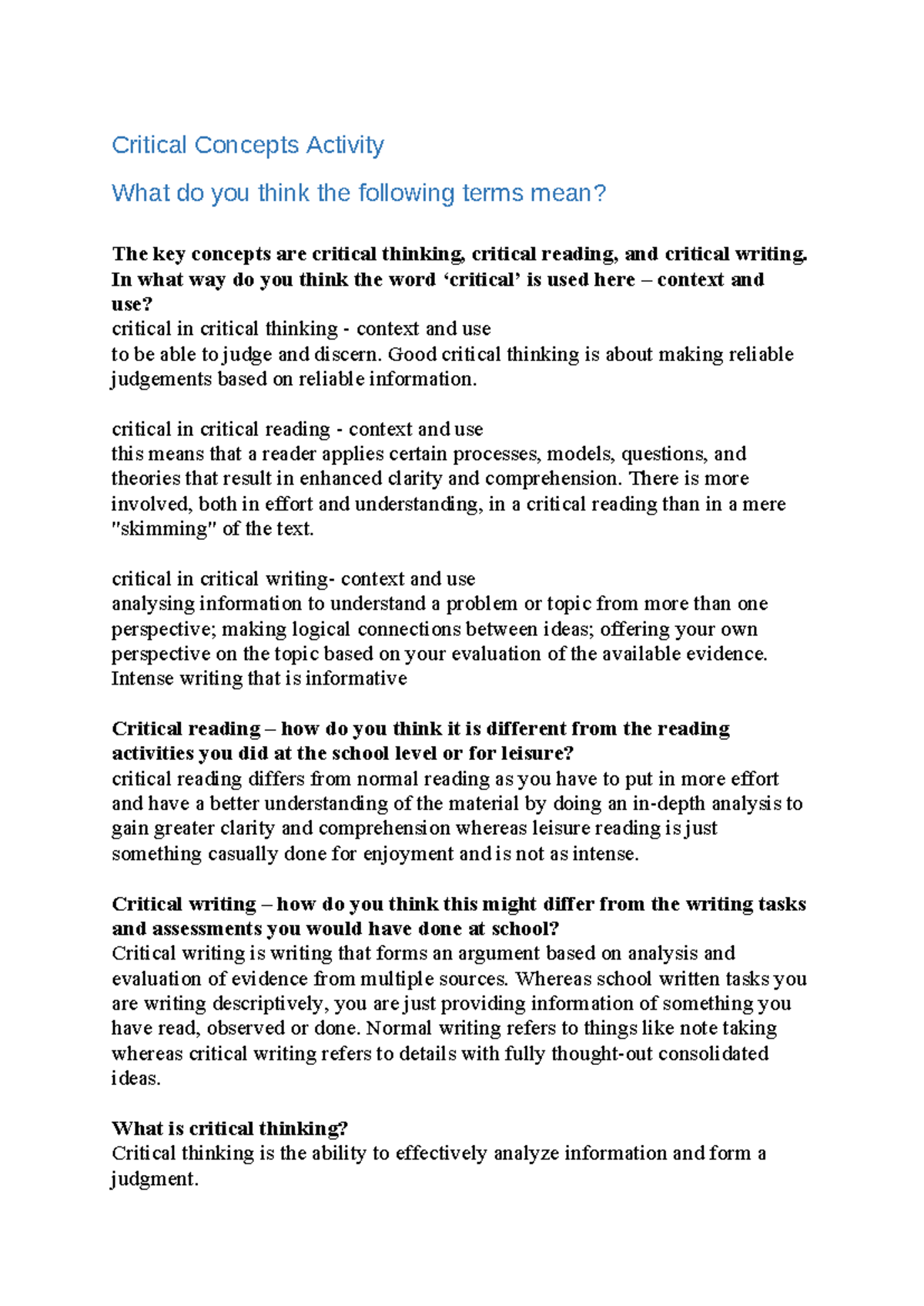 Critical thinking concepts - Critical Concepts Activity What do you ...