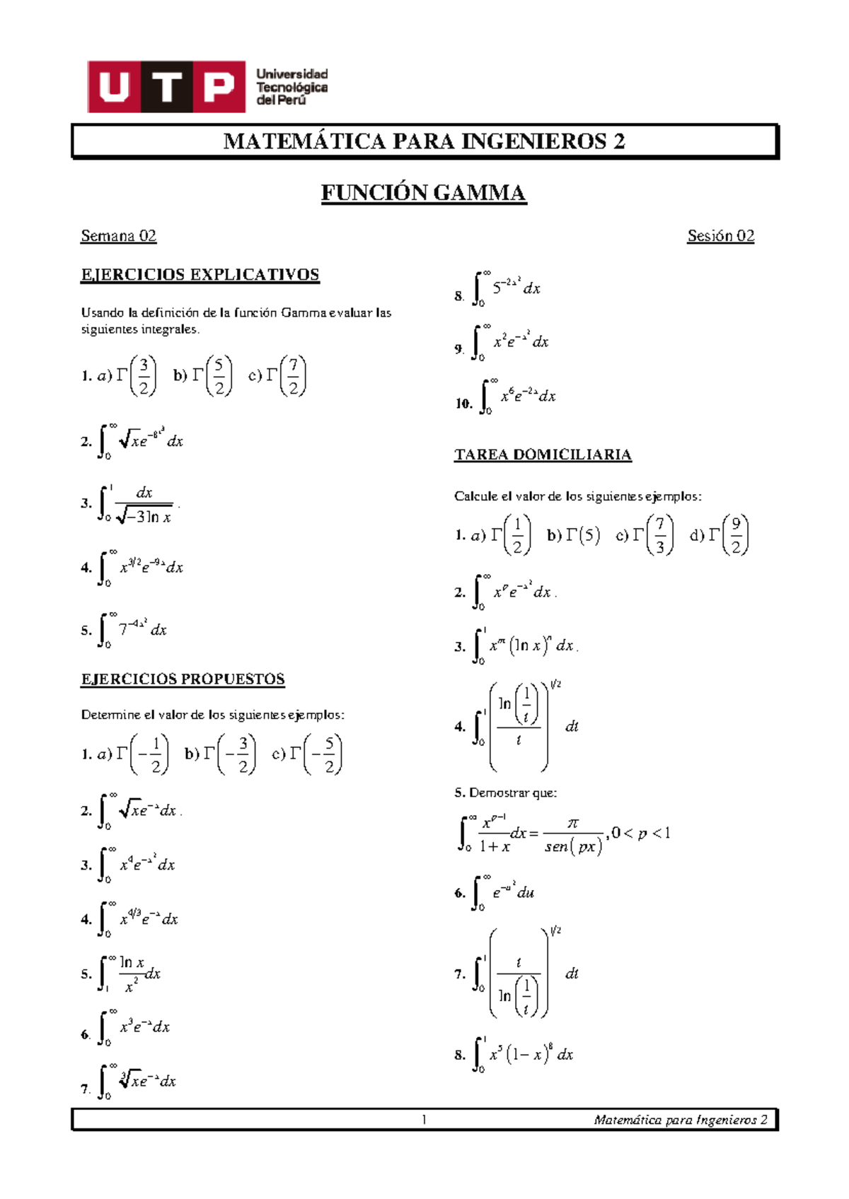S02 s1 Resolver ejercicios - Función Gamma - 1 Matemática para Ingenieros 2 MATEMÁTICA PARA ...