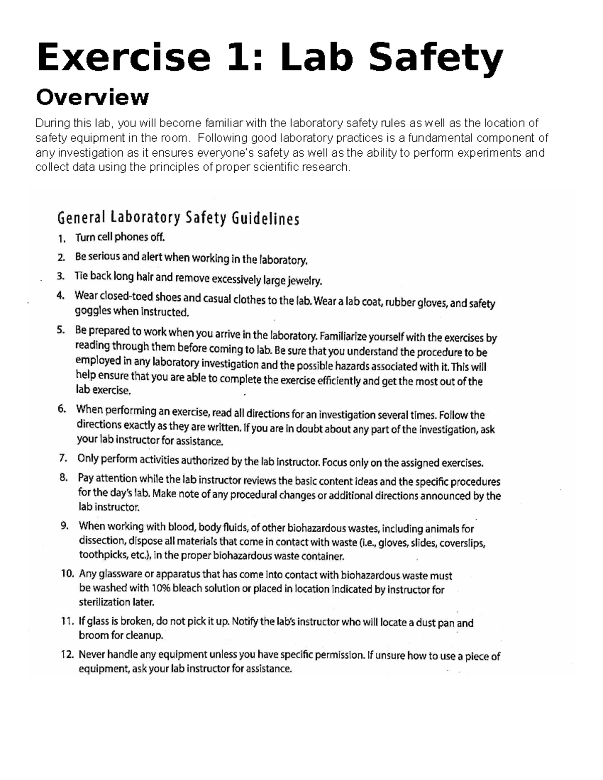Exercise 1 Lab Safety - ENGL 110 - Exercise 1: Lab Safety Overview ...