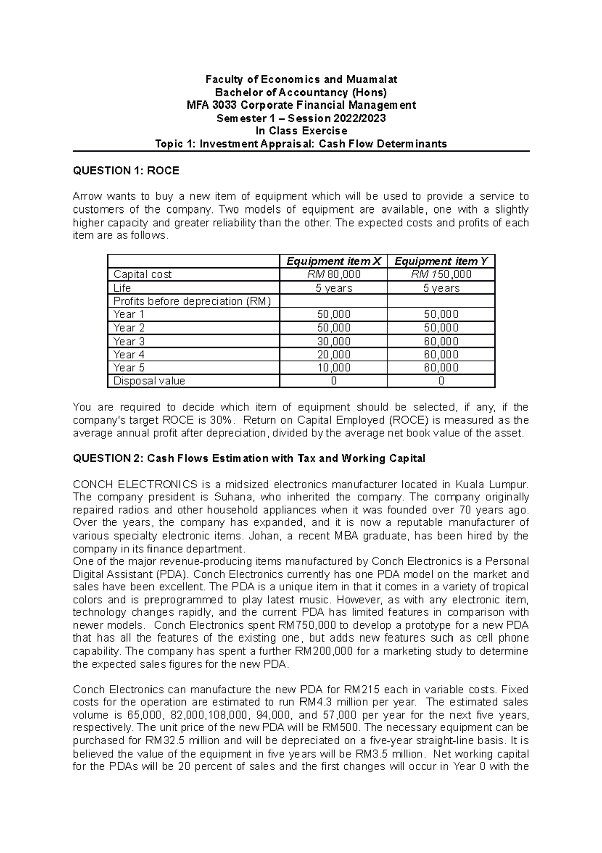 In Class Exercise CFs Estimations - Faculty of Economics and Muamalat ...