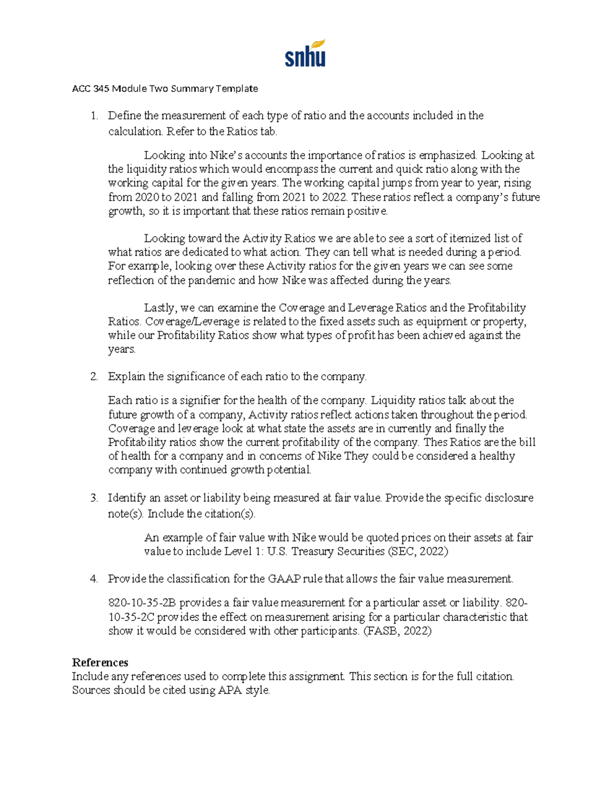 ACC 345 Module Two Summary Template - Define the measurement of each type of ratio and the ...