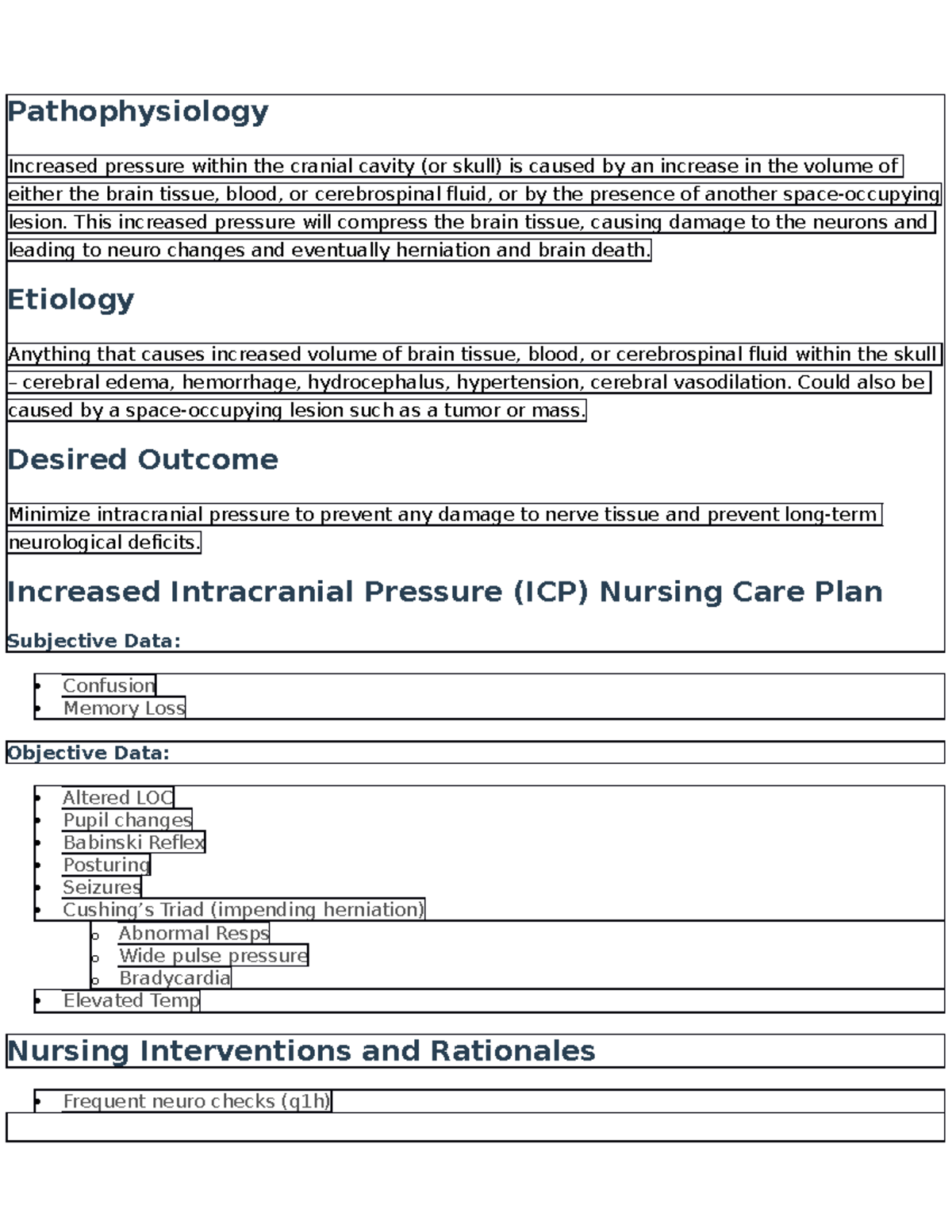 ICP Nursing - ICP - Pathophysiology Increased pressure within the ...