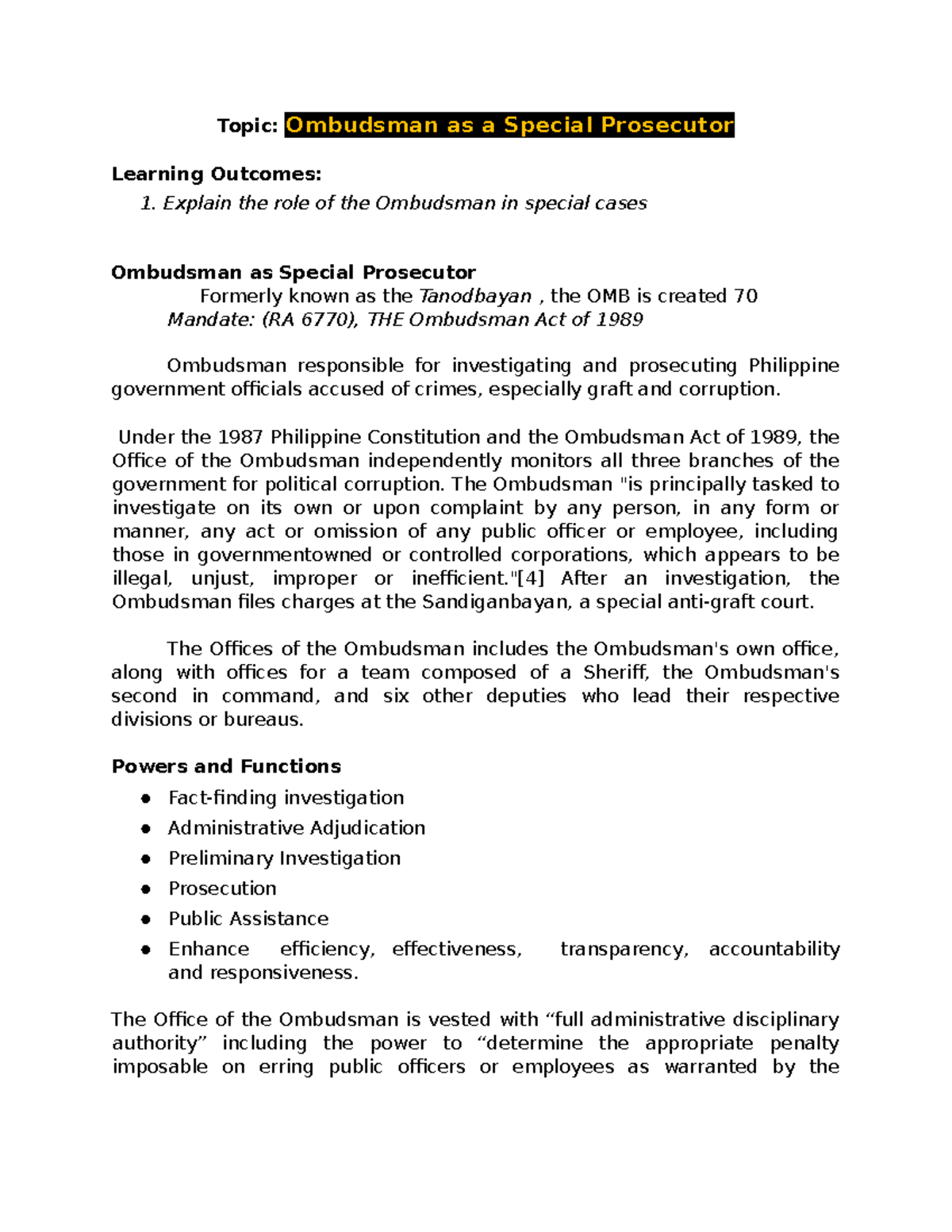 Ombudsman as a Special Prosecutor - Topic: Ombudsman as a Special ...