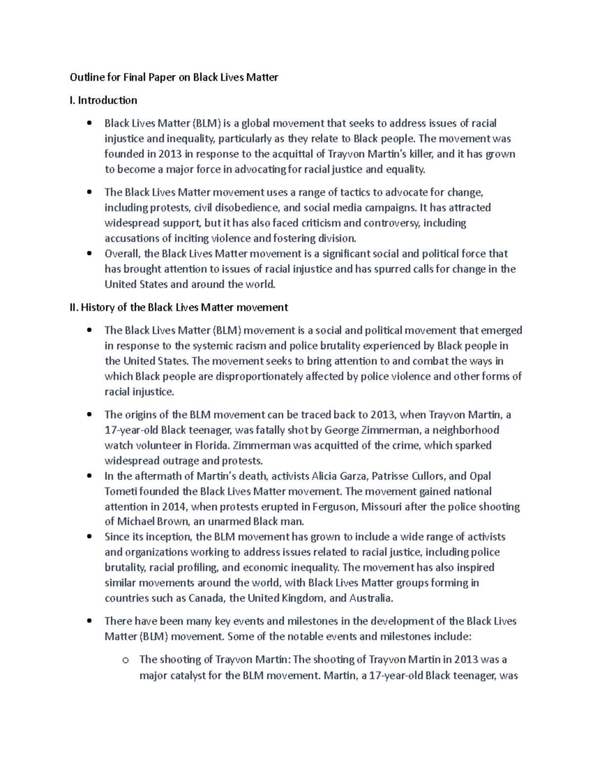 Completed BLM Outline - Outline for Final Paper on Black Lives Matter I ...