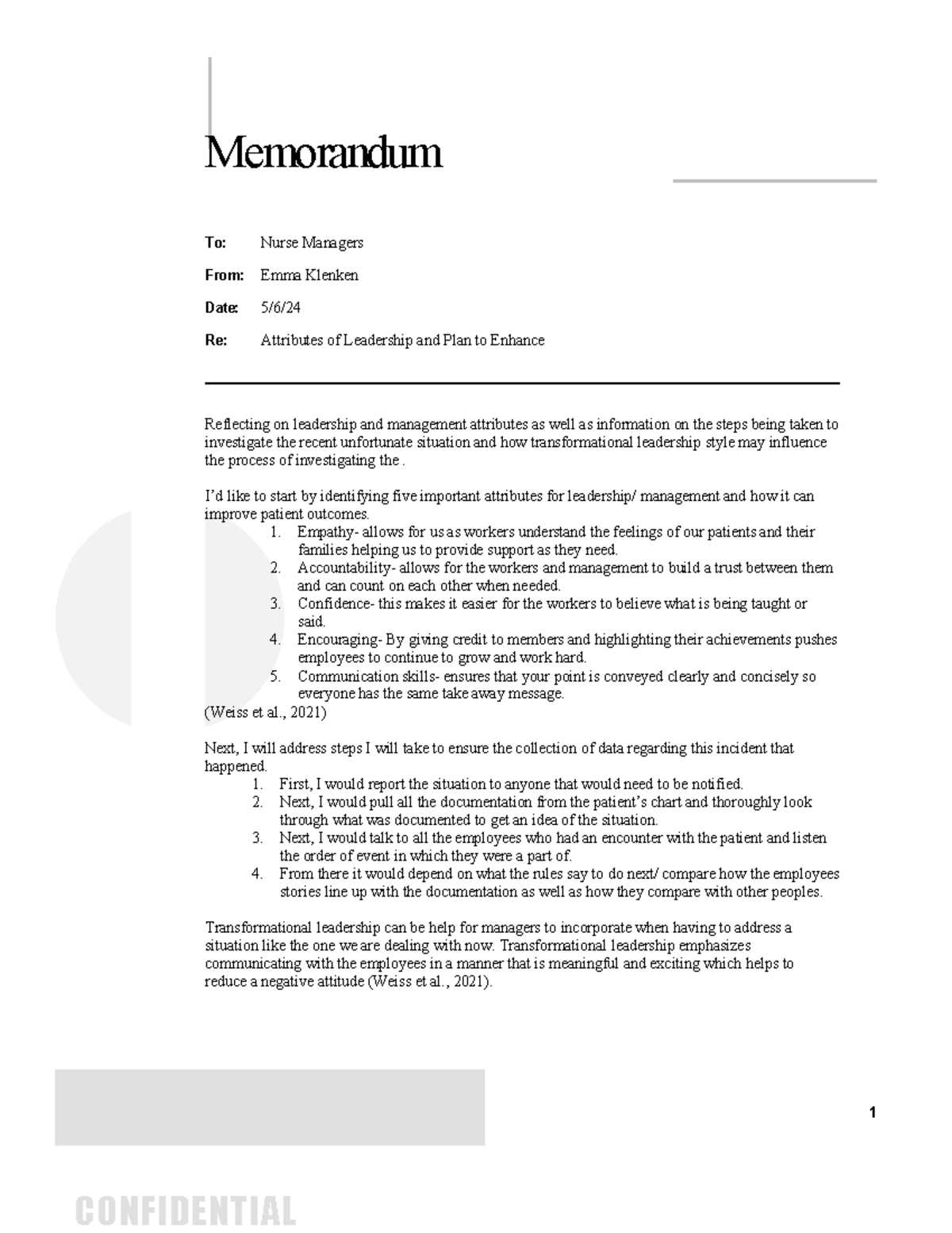 Module 1 memo - Assignment 1 - Memorandum To: Nurse Managers From: Emma ...