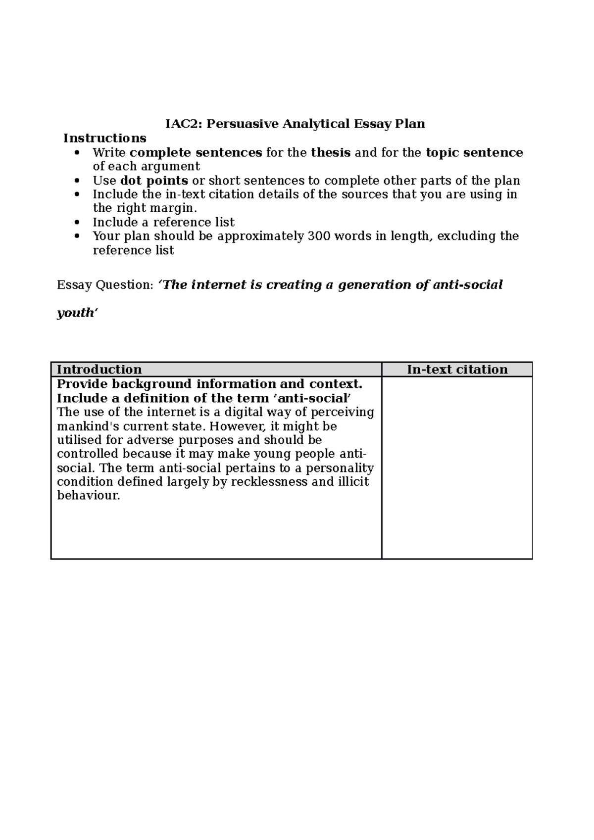 TSU IAC2 Essay Plan - IAC2: Persuasive Analytical Essay Plan ...