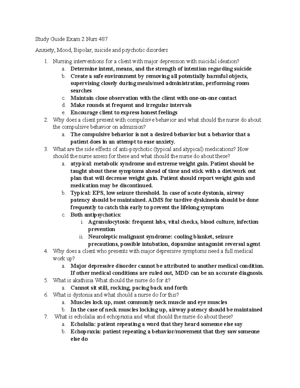 Psychiatric nursing exam 2 study guide - Study Guide Exam 2 Nurs 487 ...