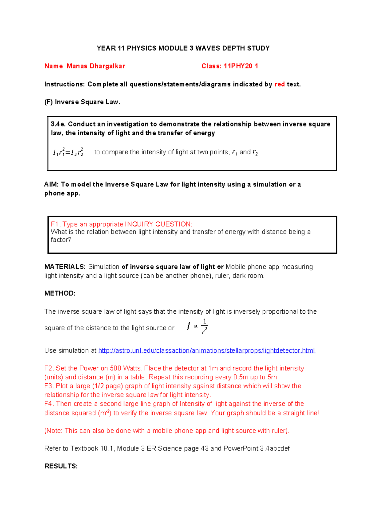 Inverse Square Law DS - YEAR 11 PHYSICS MODULE 3 WAVES DEPTH STUDY Name ...