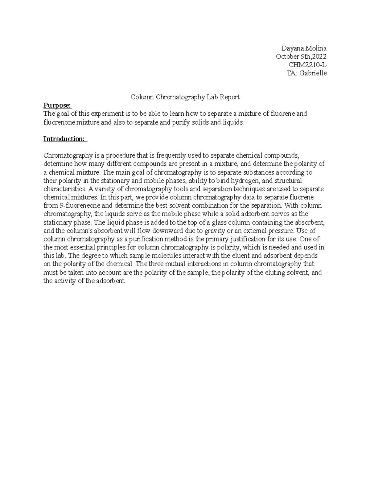 Column Chromatography LAb - Dayana Molina October 9th, CHM2210-L TA ...