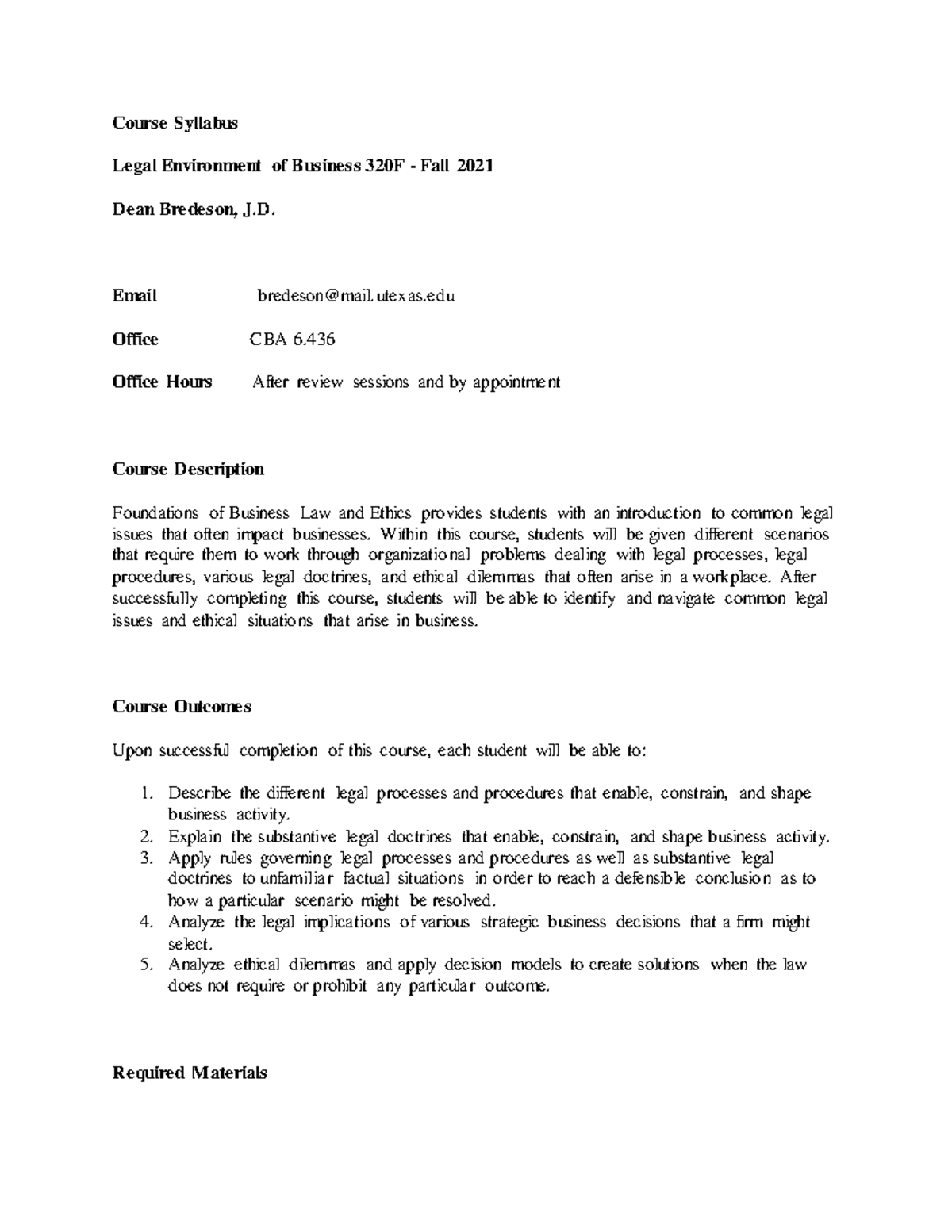 Syllabus of Foundations of Business Law and Ethics fall 2021 - Course ...