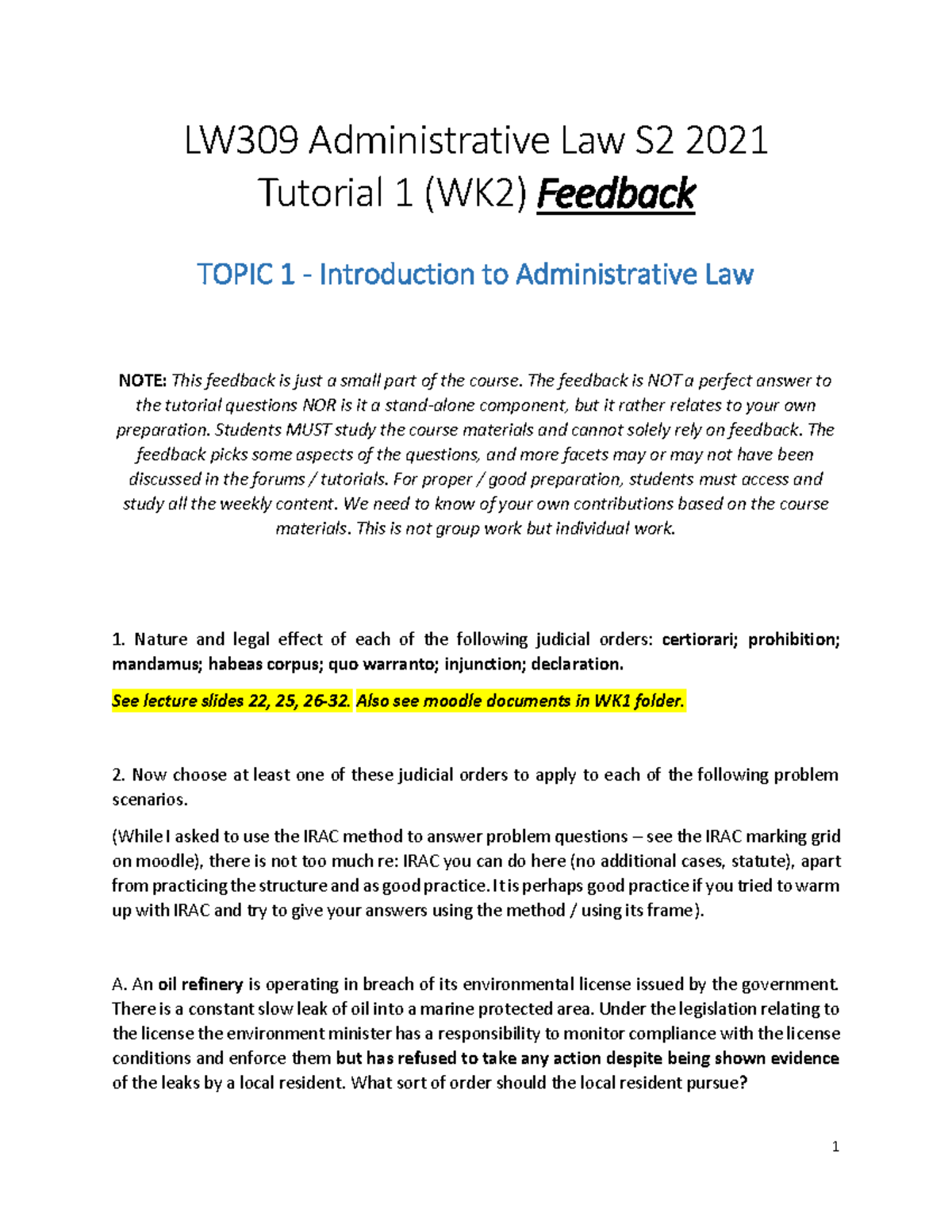 WK2 Tutorial Forum Feedback Sem2 2021 - LW309 Administrative Law S2 ...