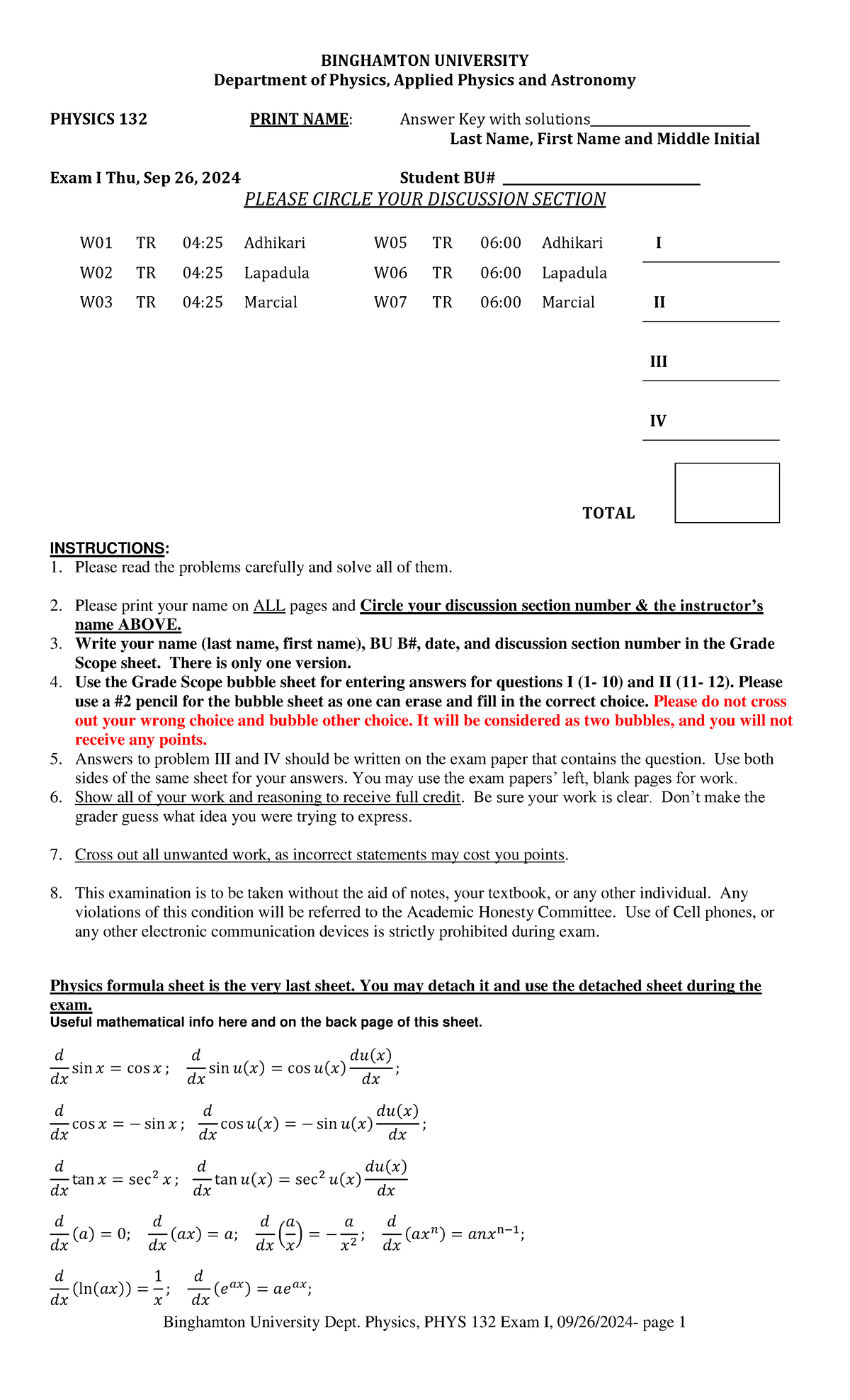 Answerkey-Exam I-P132-fall 2024-Be - BINGHAMTON UNIVERSITY Department of Physics, Applied ...