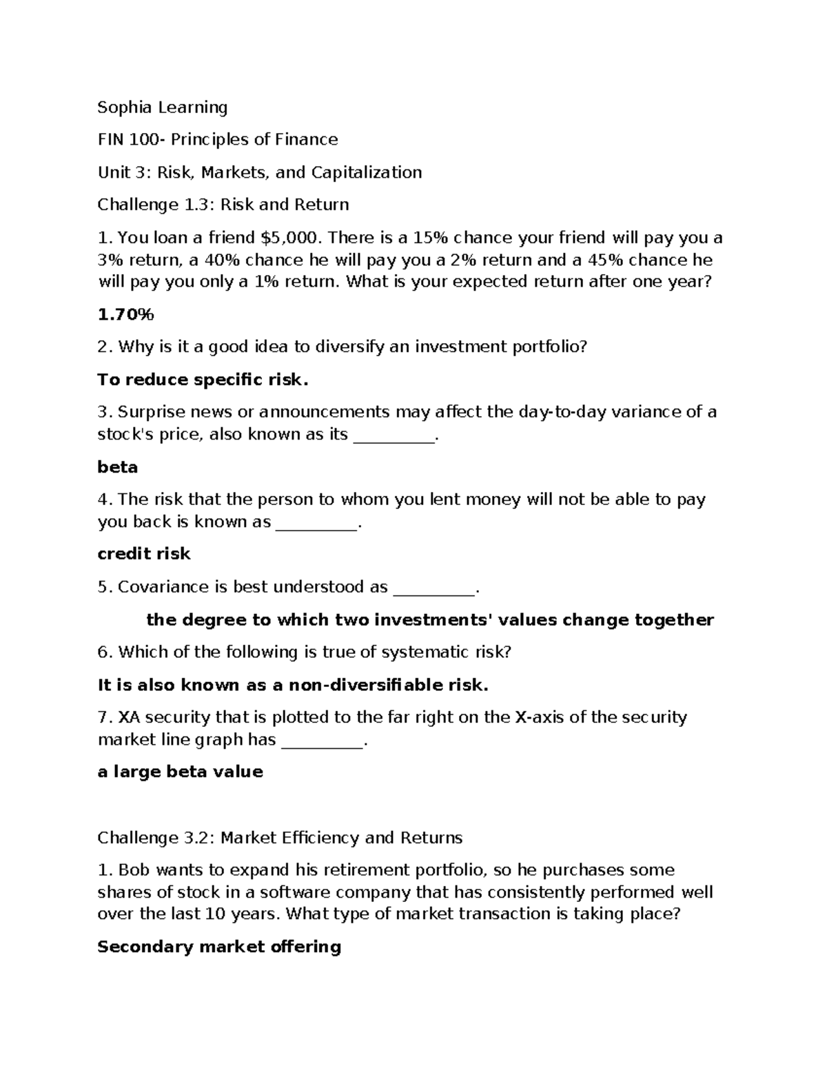 Principles of Finance Unit 3 - There is a 15% chance your friend will ...