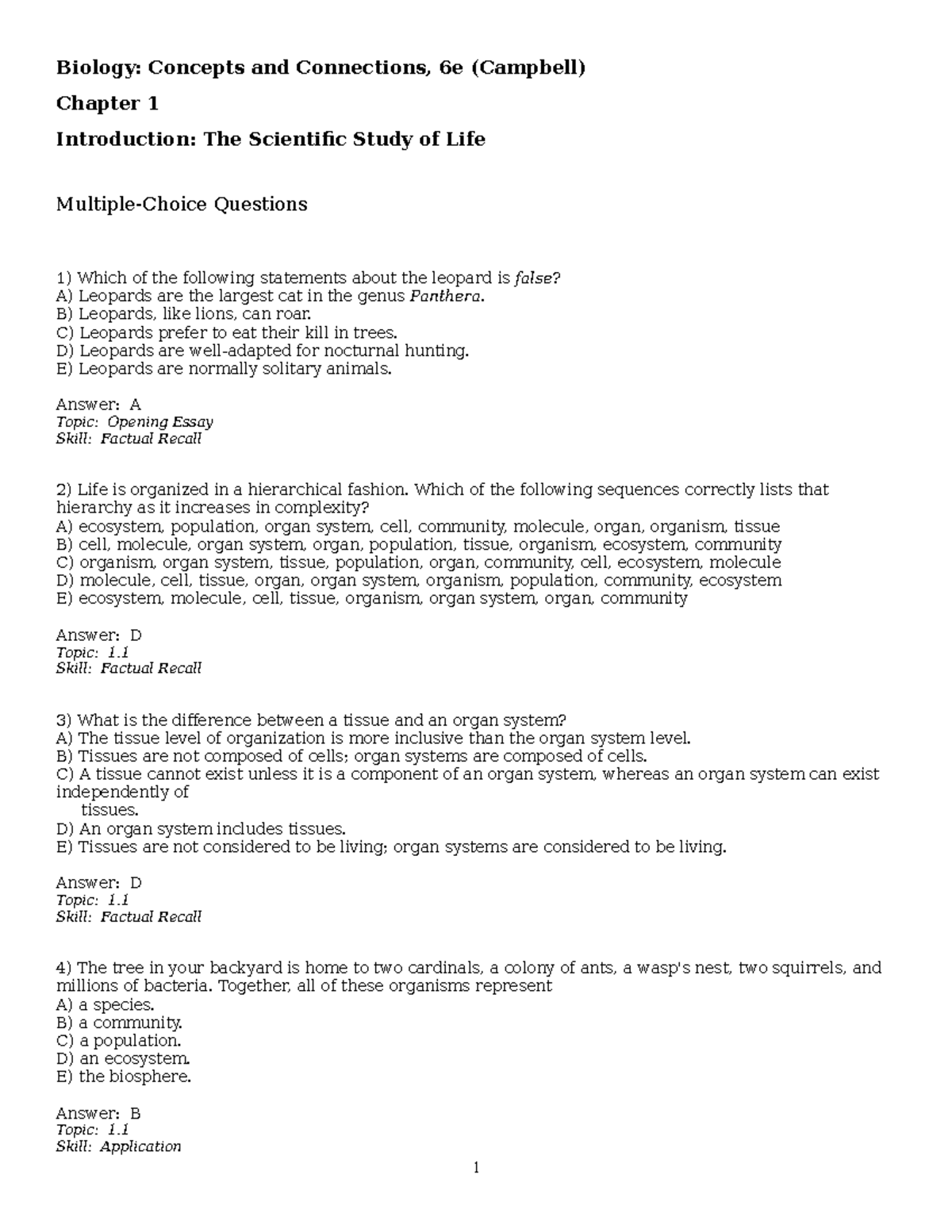 CC6 01 Test Bank - 테스트뱅크 - Biology: Concepts and Connections, 6e ...