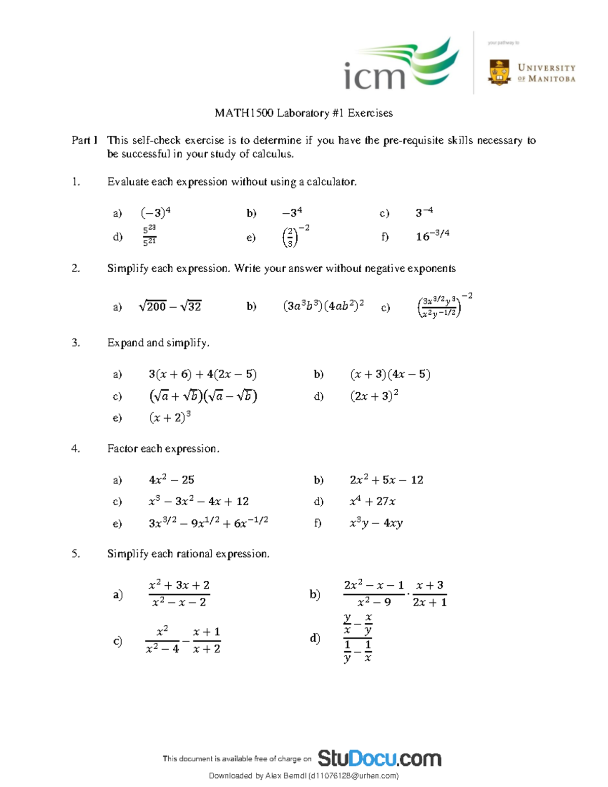 Pre-Calc Practice - MATH1500 Laboratory #1 Exercises Part I This self ...