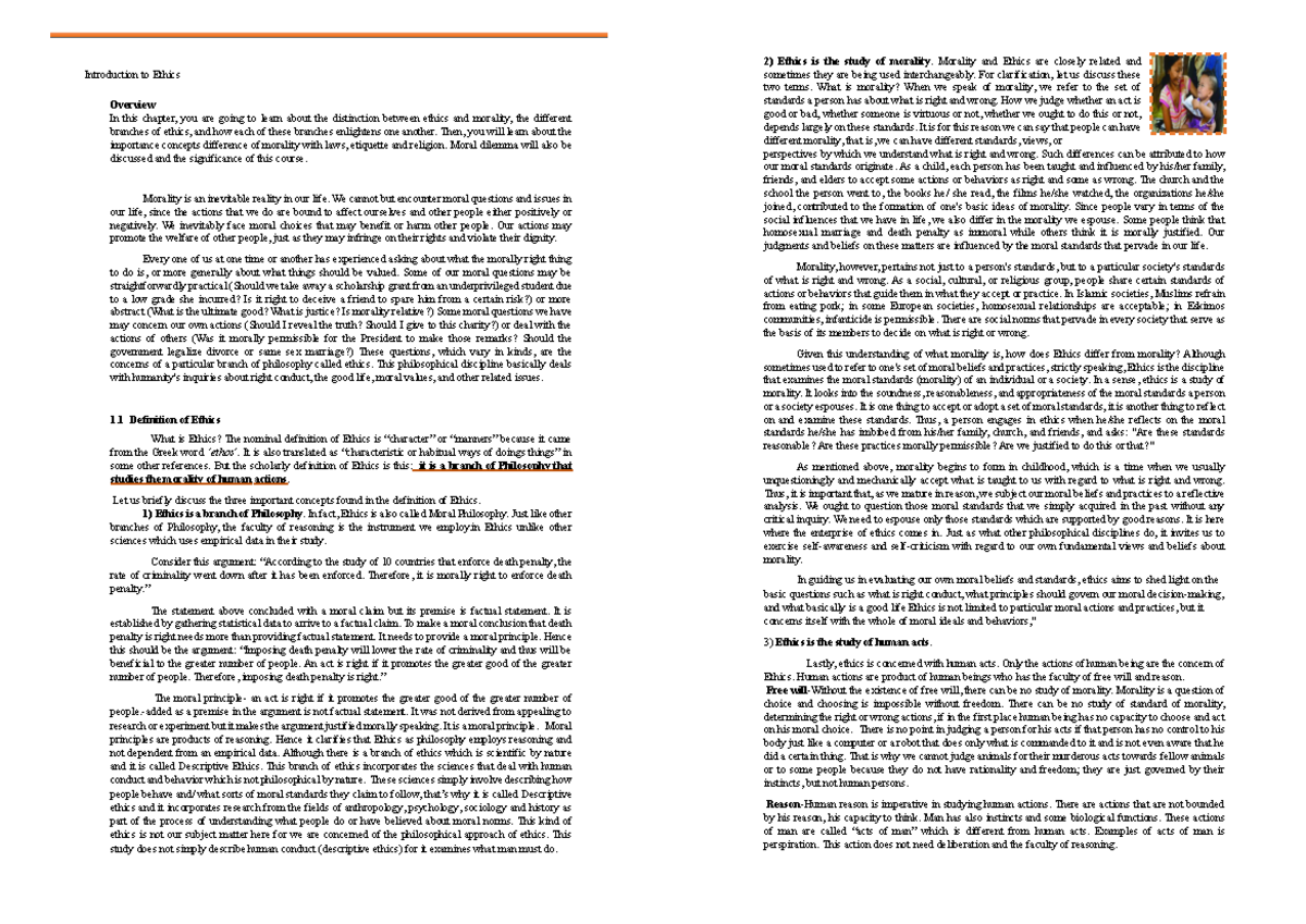 ASSIGNMENT dor - Introduction to Ethics Overview In this chapter, you ...