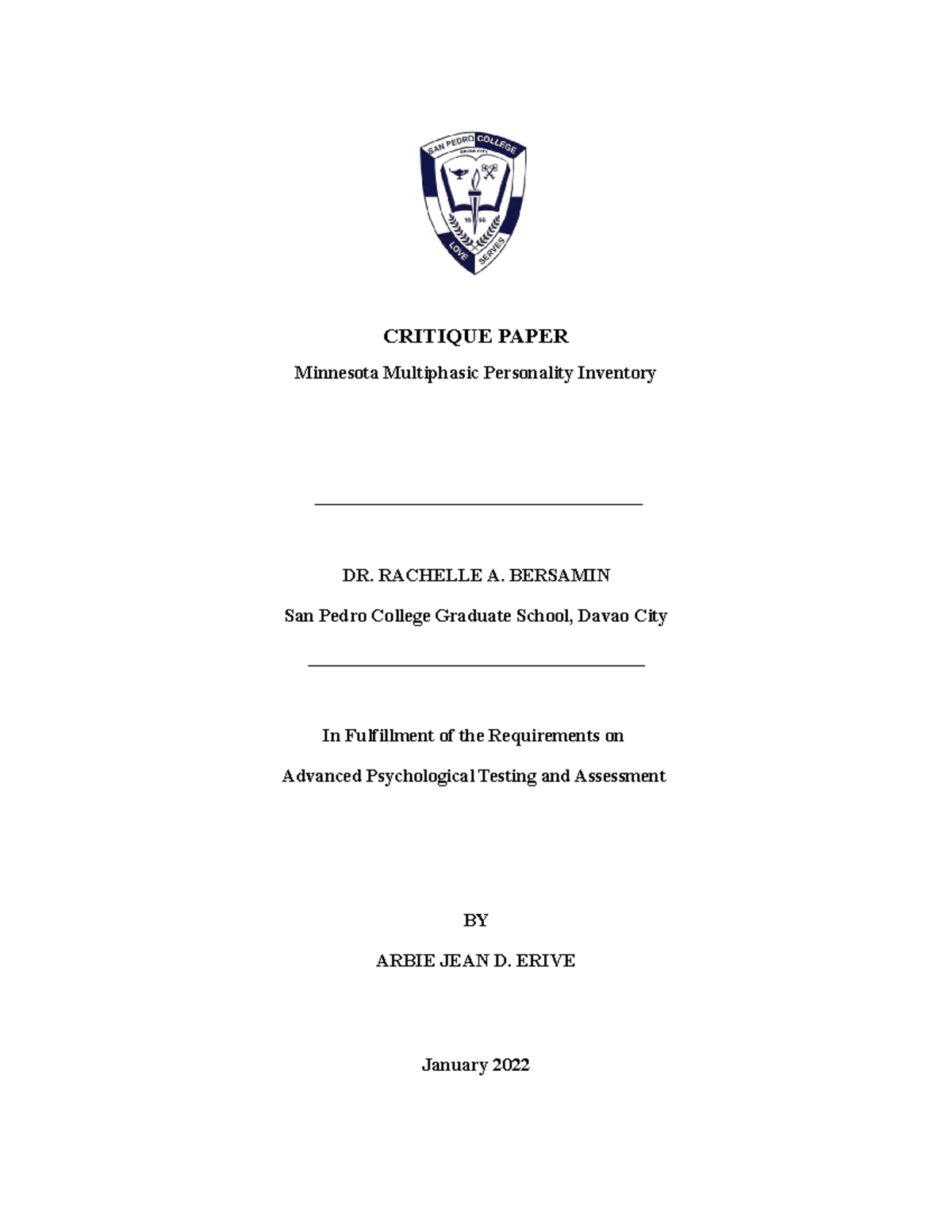 Critique Paper - clinical psychology report - CRITIQUE PAPER Minnesota ...