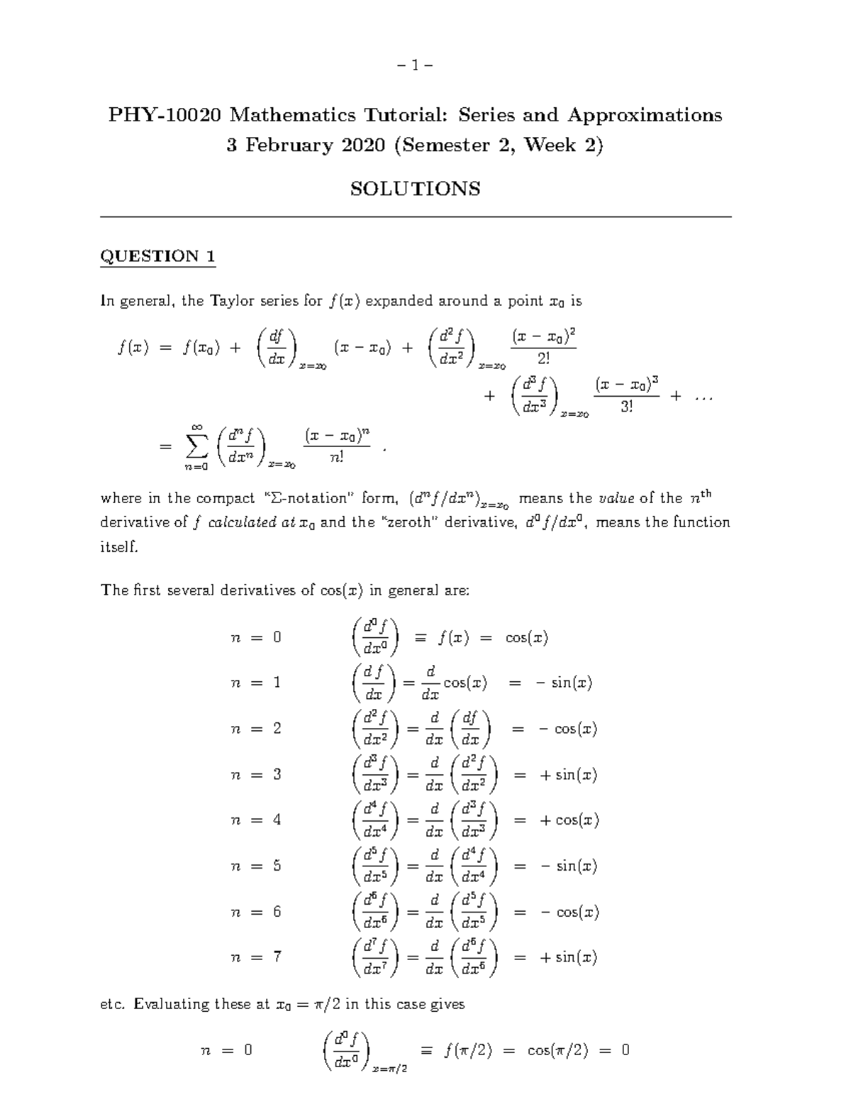Semester 2 Tutorial 2 2020 Solutions - PHY-10020 Mathematics Tutorial ...